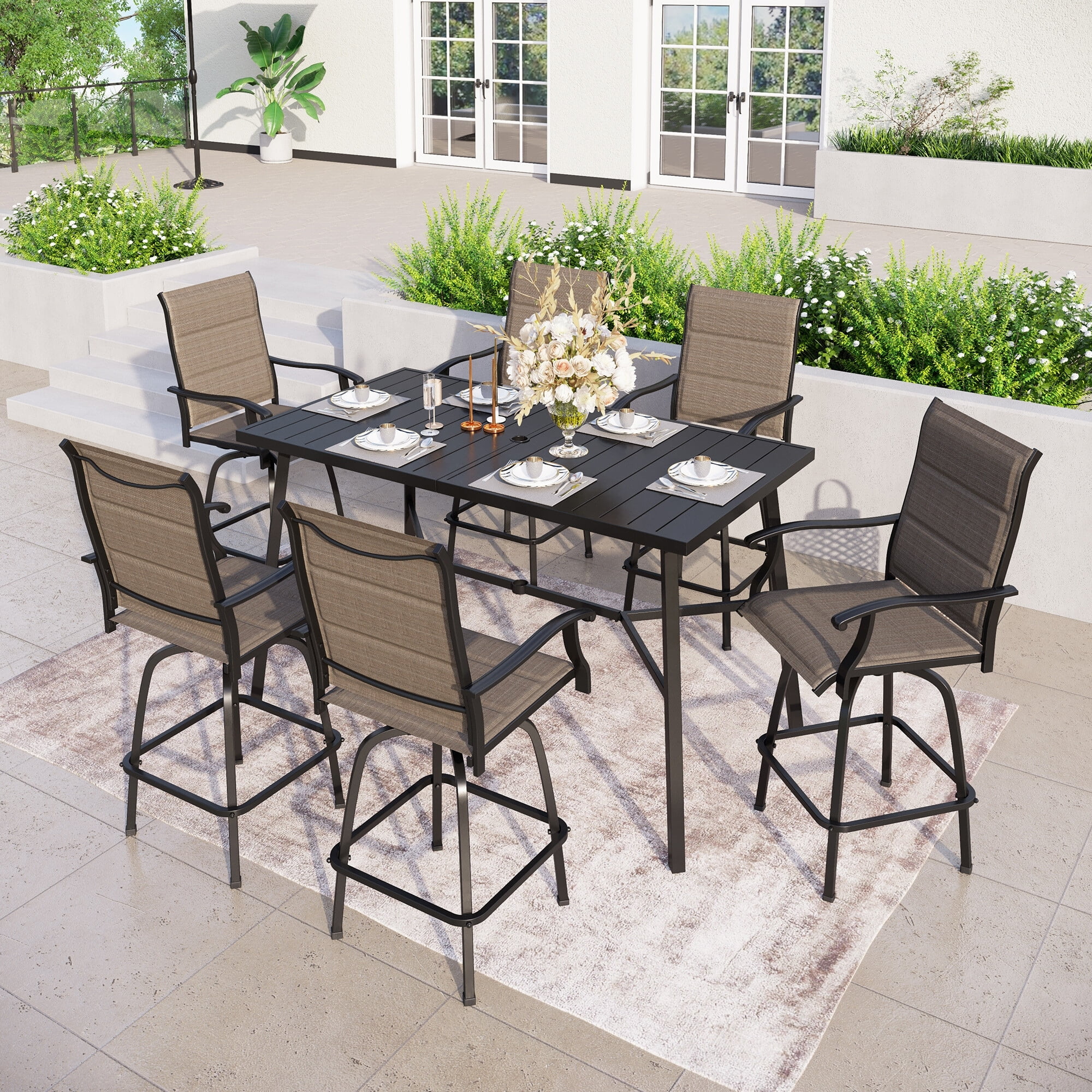 MAISON ARTS 7-Piece Patio Bar Stool Set Textilene Swivel Stools Brown ...