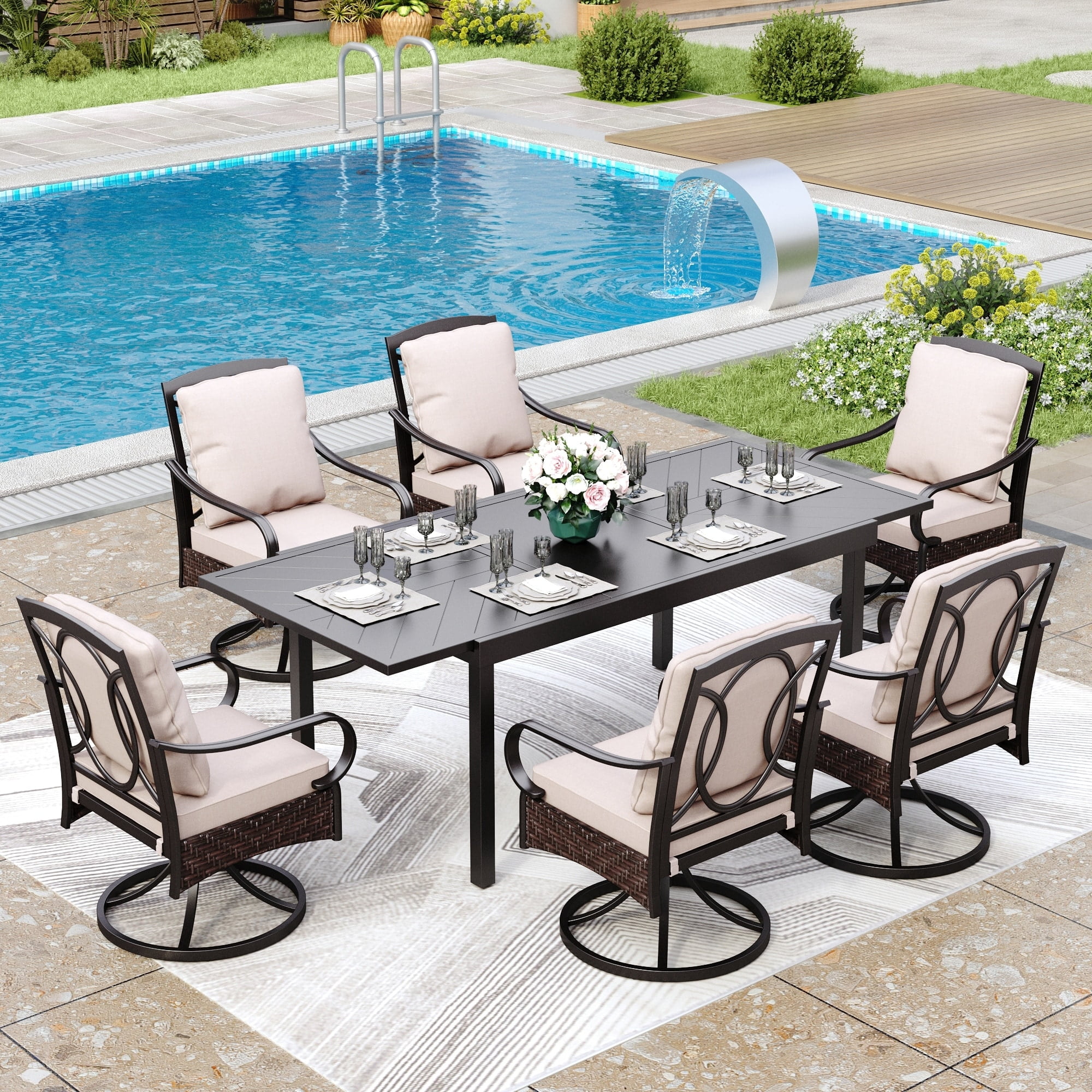 MAISON ARTS 9/7-Piece Patio Dining Set with 8/6 Rattan Swivel Chairs ...