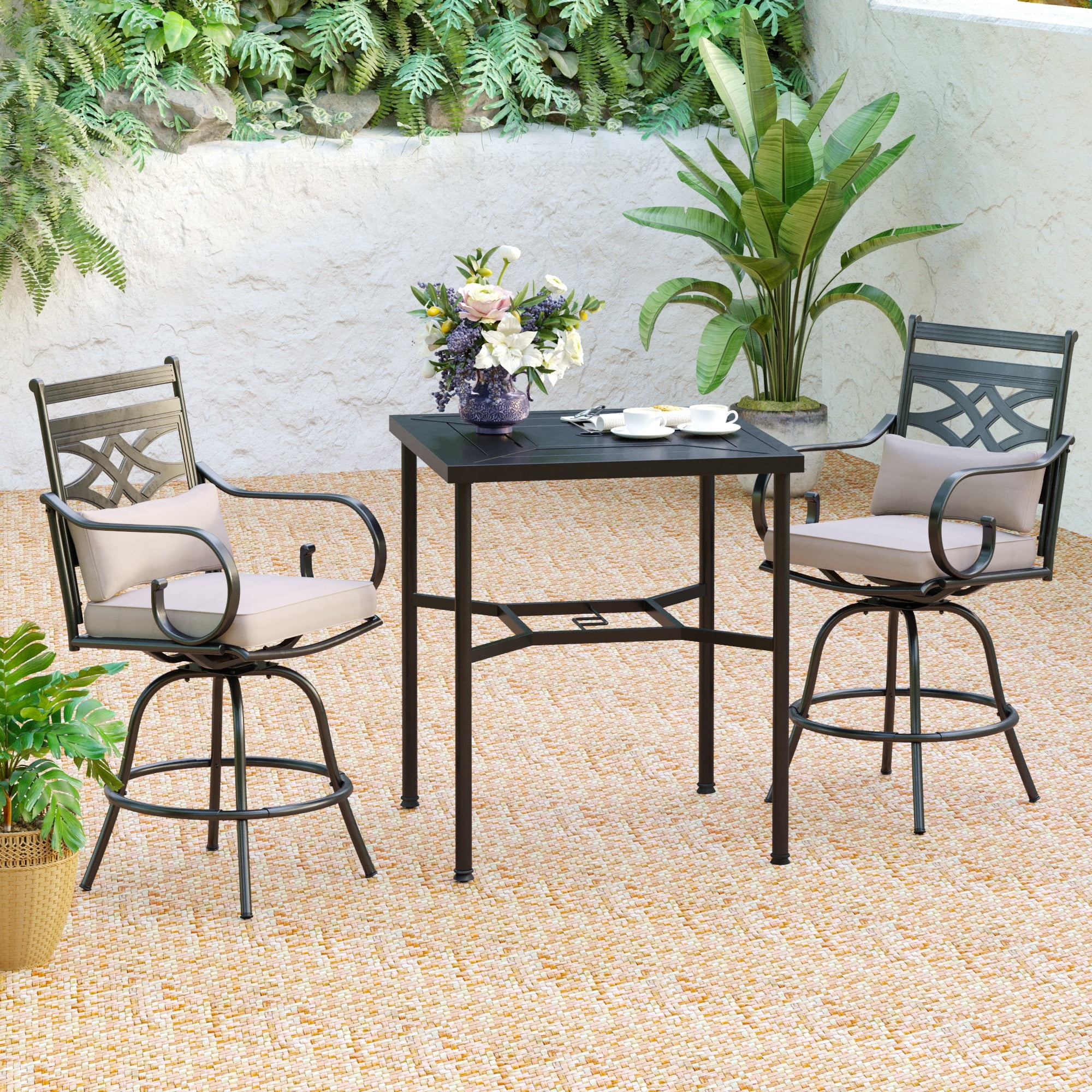 MAISON ARTS Patio Bar Stool Set Rattan Chair Back Cushioned High Bar ...