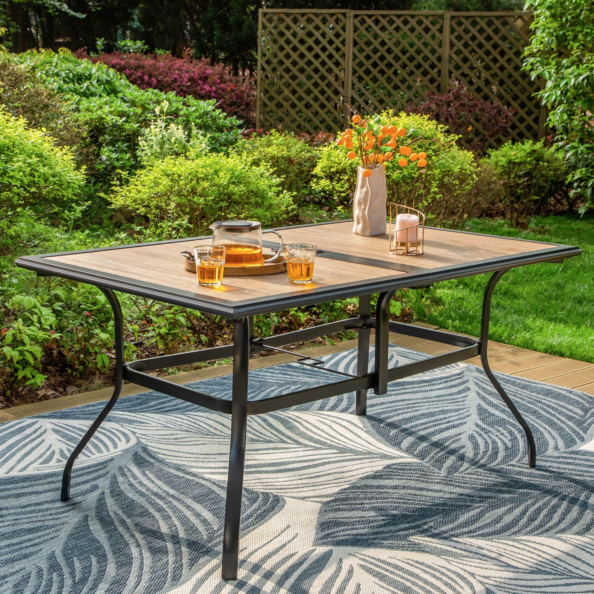 MAISON ARTS Wood-look PVC Patio Dining Table Steel Large Rectangular ...