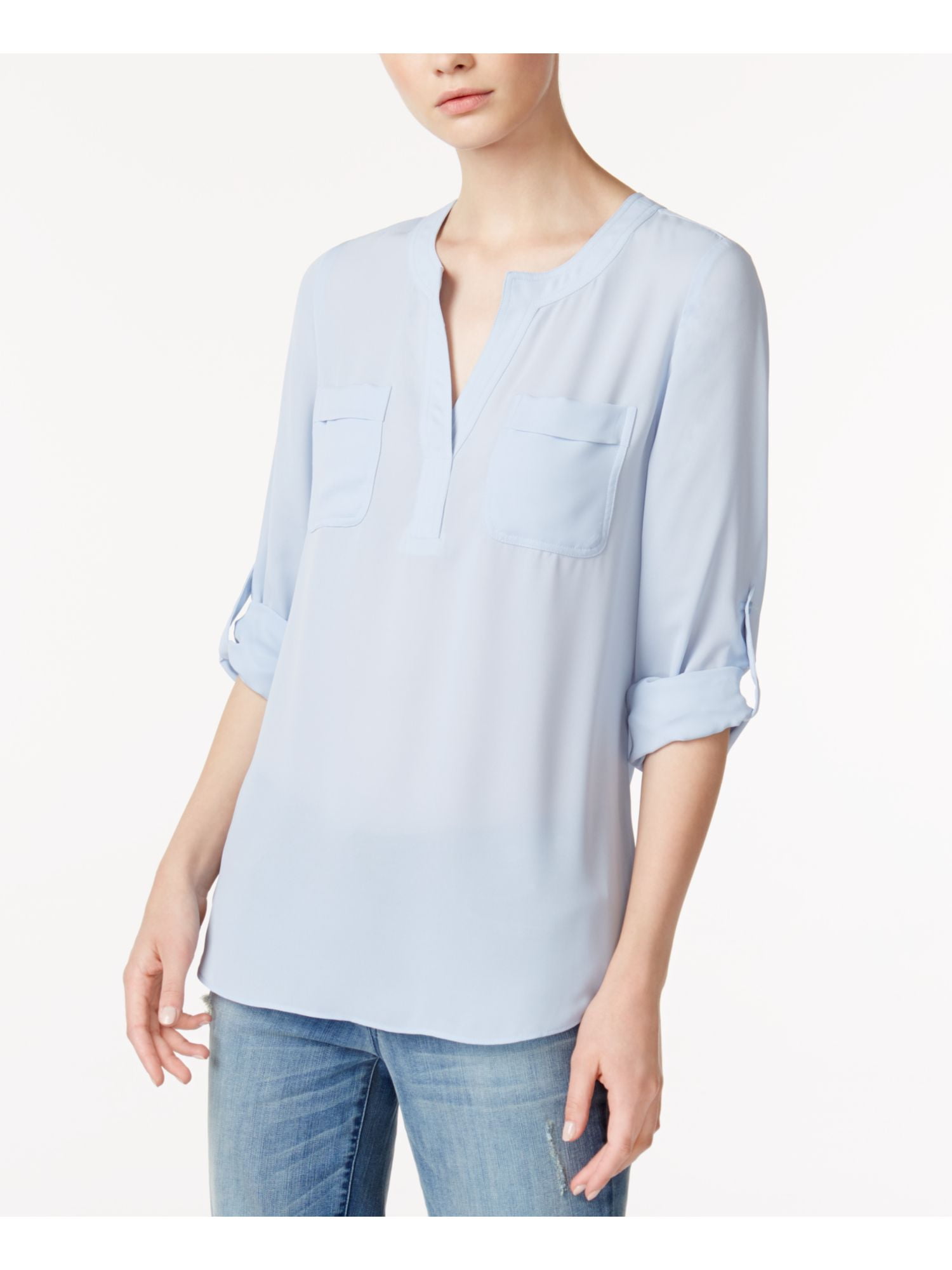MAISON JULES $59 Womens New 1431 Light Blue V Neck Cuffed Wear To Work ...