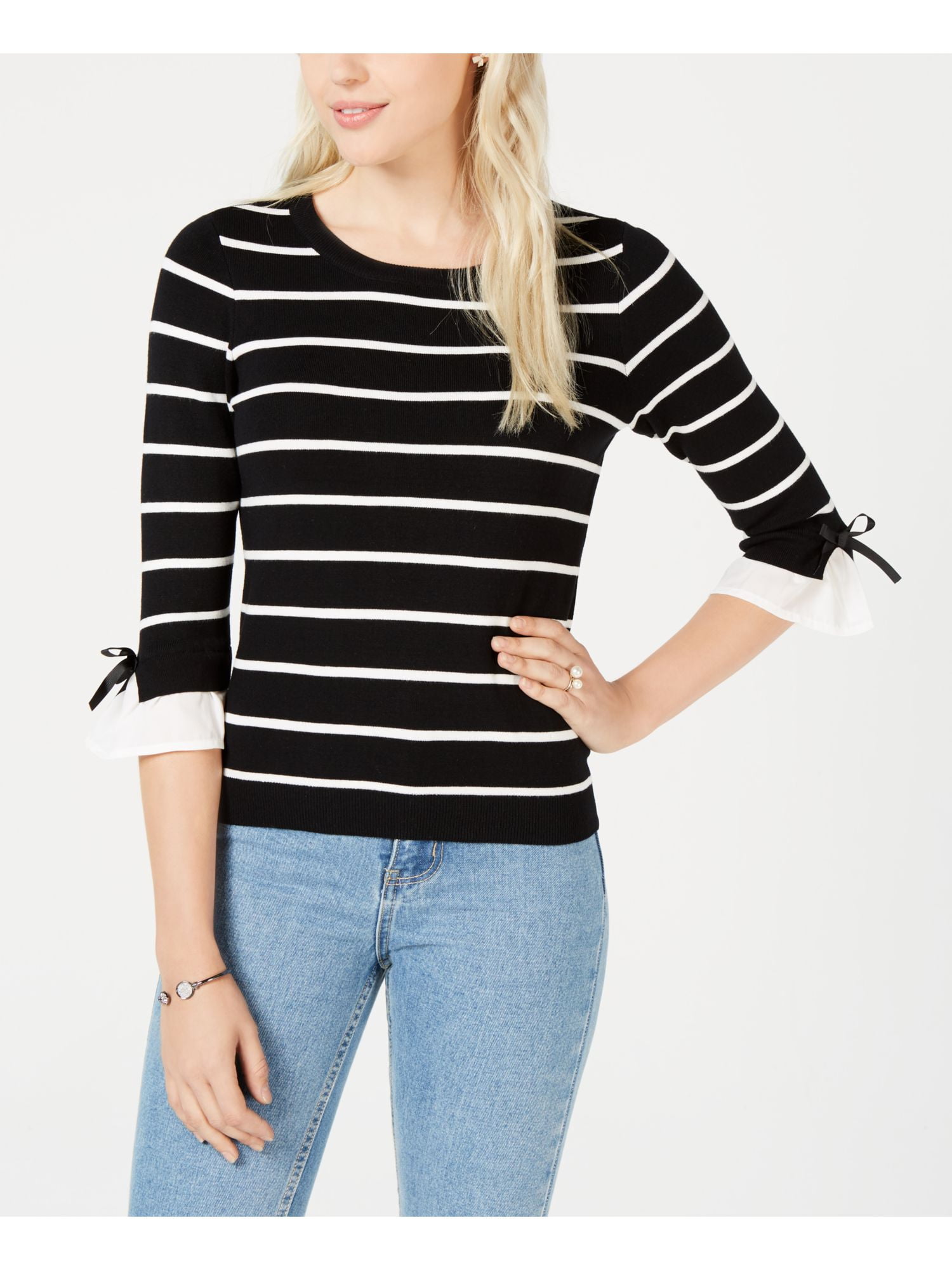 MAISON JULES Womens Tie Striped 3/4 Sleeve Jewel Neck T-Shirt Sweater ...