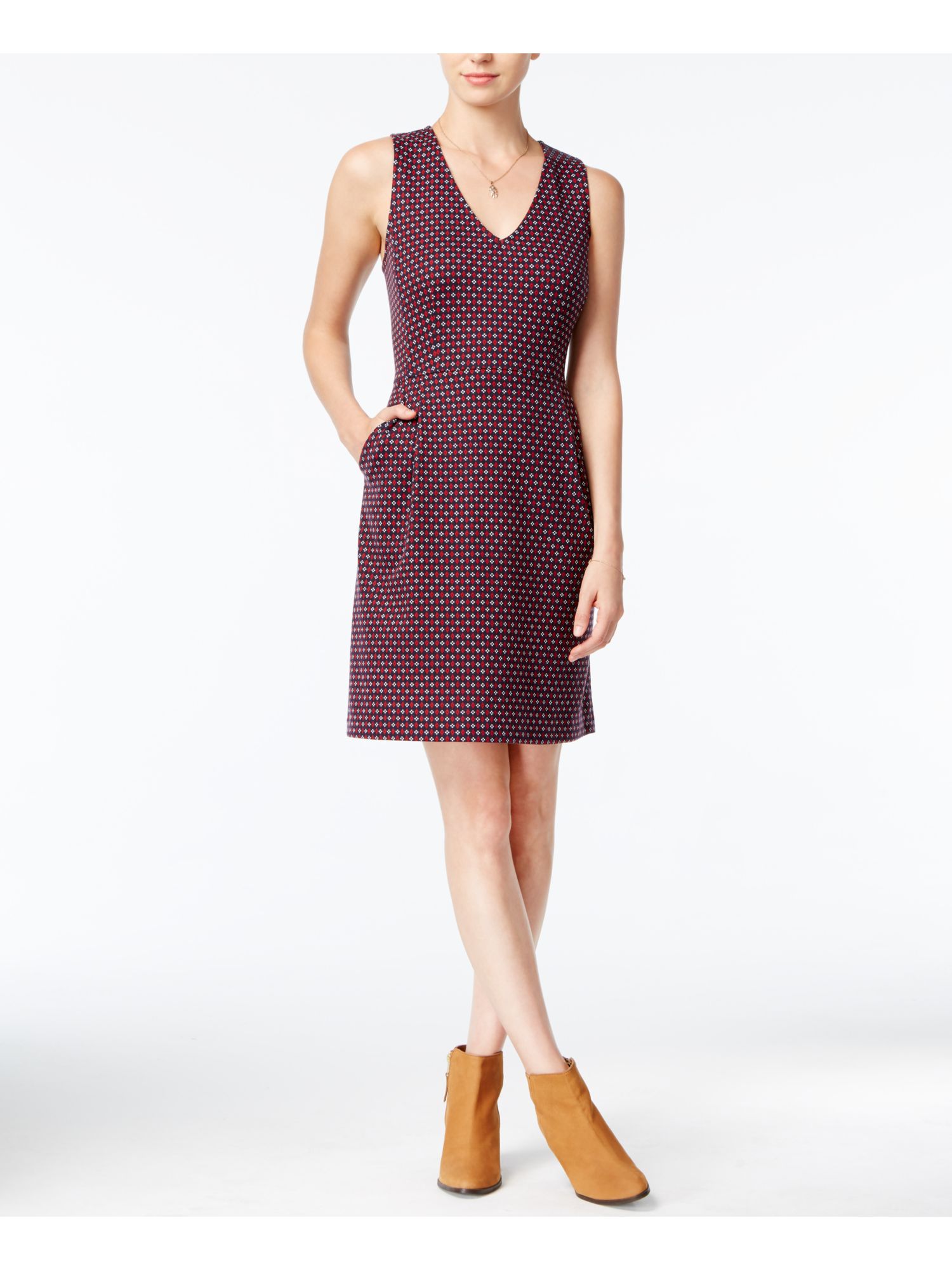 MAISON JULES Womens Maroon Pocketed Geometric Sleeveless V Neck Above ...