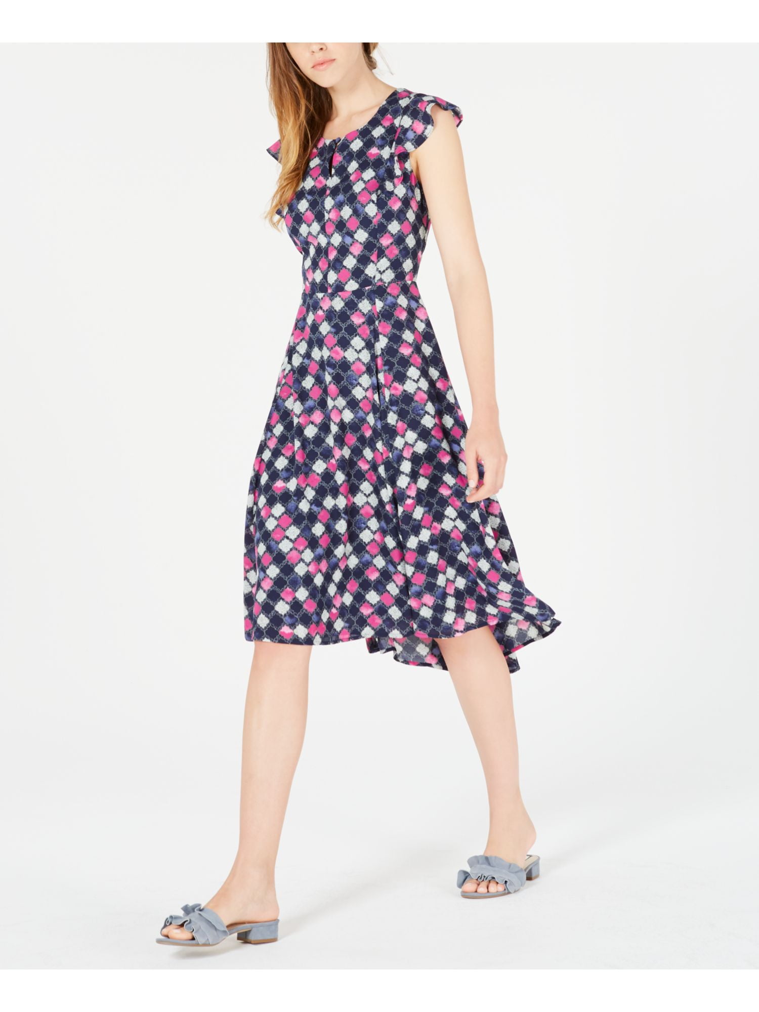 MAISON JULES Womens Purple Printed Crew Neck Below The Knee Hi-Lo Dress ...