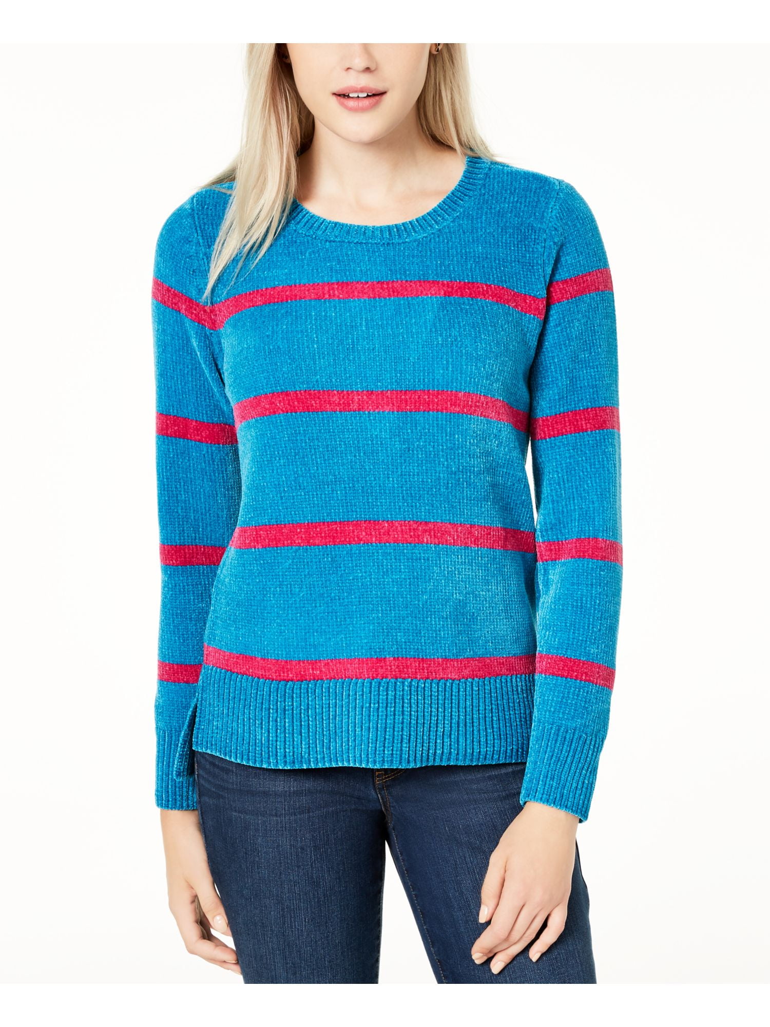 MAISON JULES Womens Teal Striped Long Sleeve Jewel Neck Sweater Size ...