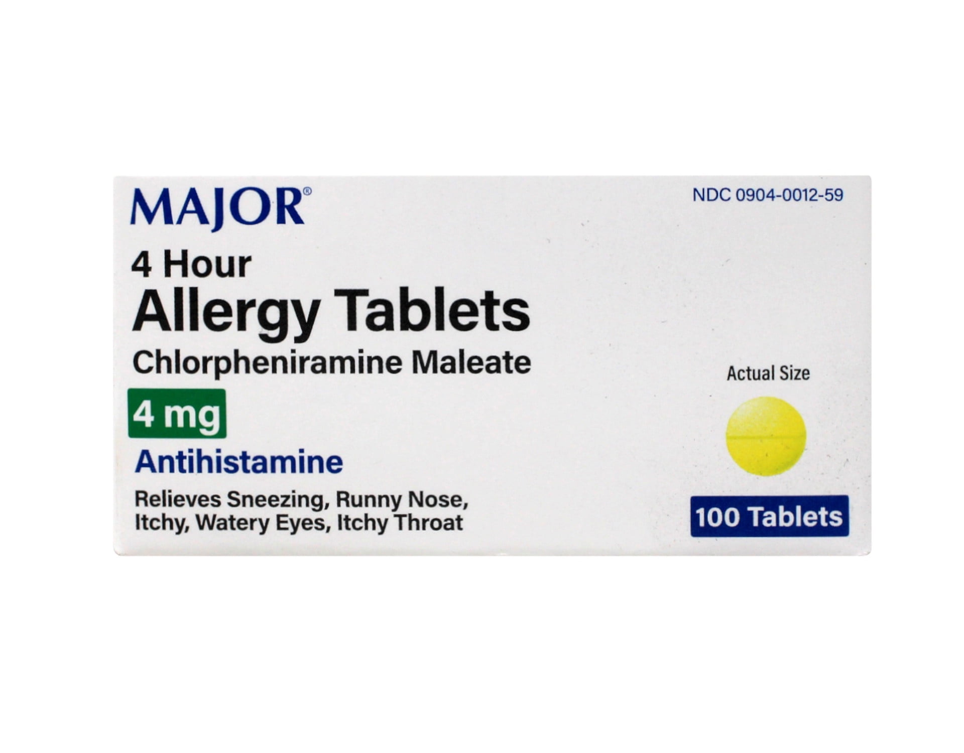 Major Allergy Tablets, Chlorpheniramine Maleate 4 mg, Antihistamine for Sneezing, Runny Nose ...
