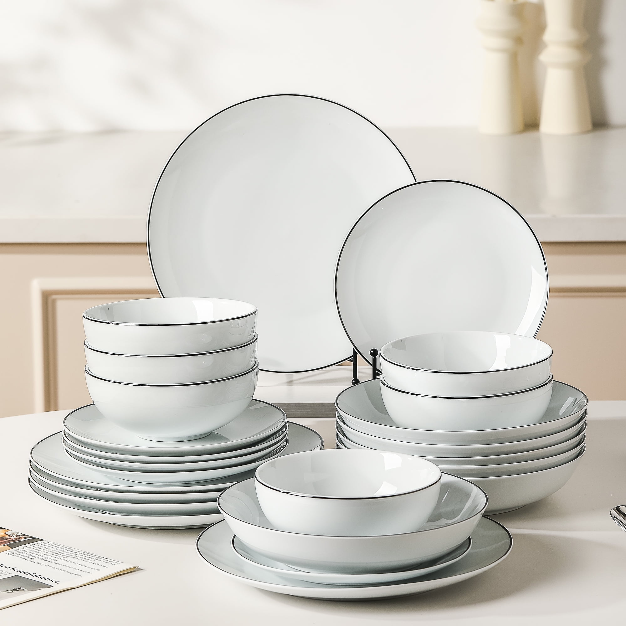 MALACASA 24 Piece Porcelain Dinnerware Sets, White with Black Rim ...