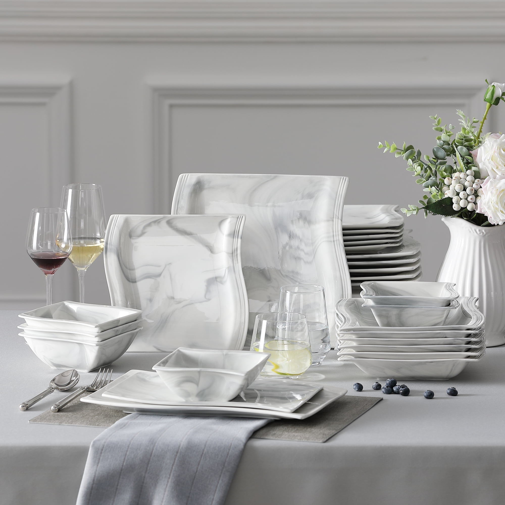 MALACASA Elegant 26-Piece Dinnerware Sets, Modern Porcelain Tableware ...