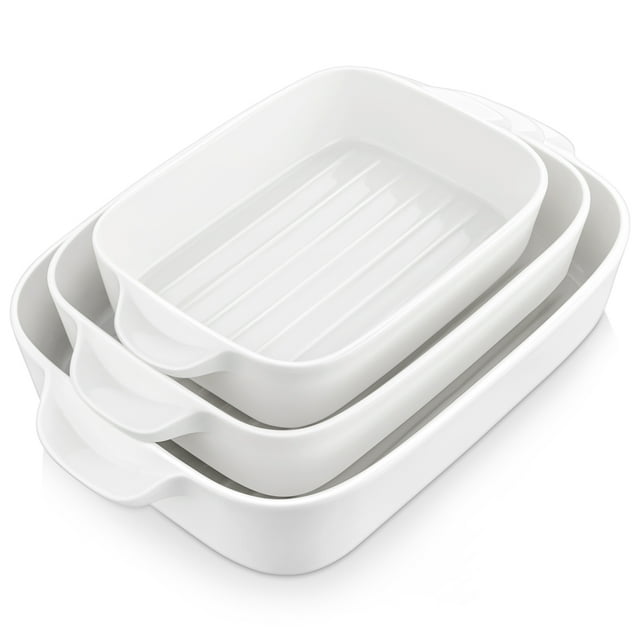 MALACASA, Ceramic Baking Dish Set of 3, White Rectangular Baking Pans ...