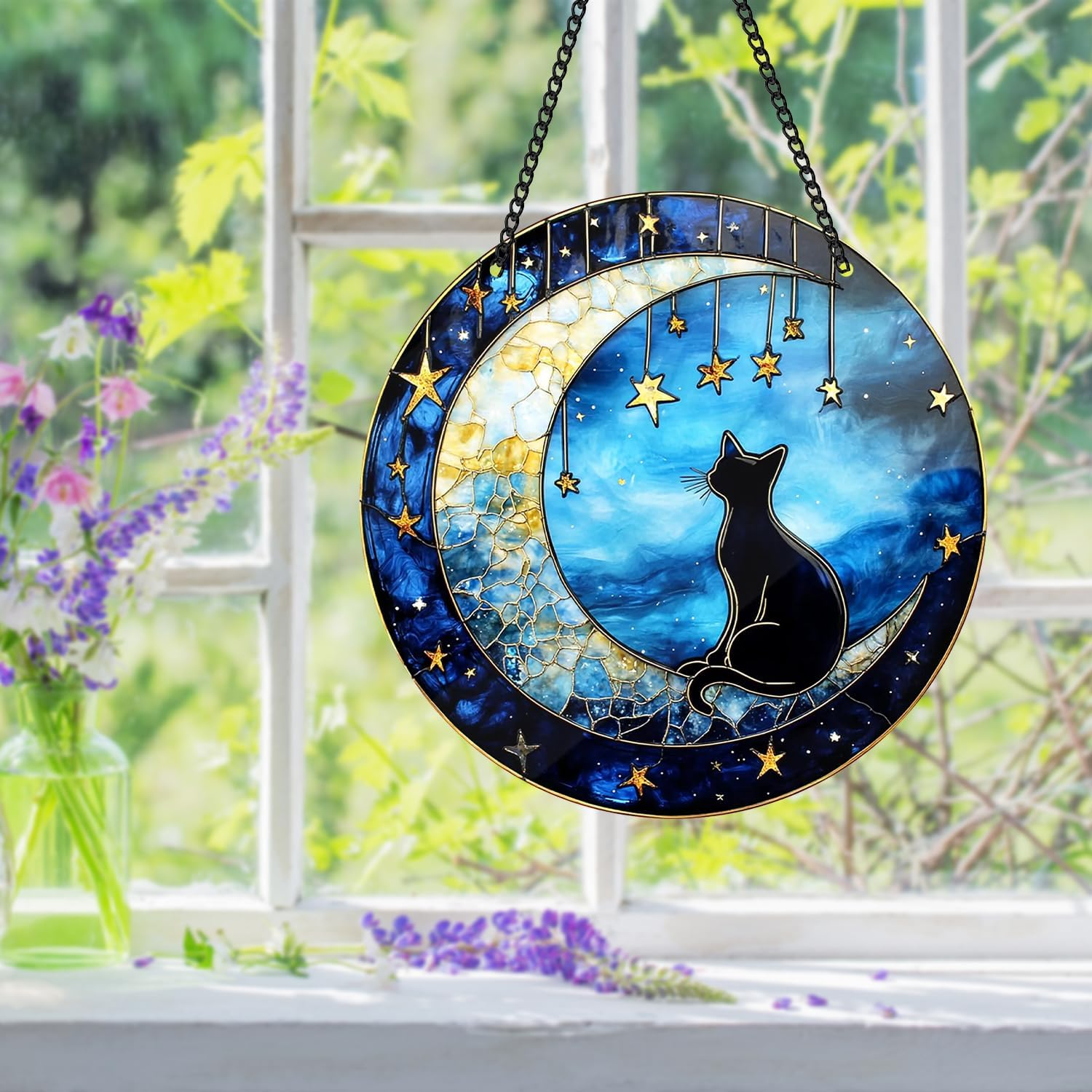 MALLMALL6 Black Cat Moon Star Light Catcher Acrylic Suncatcher for ...