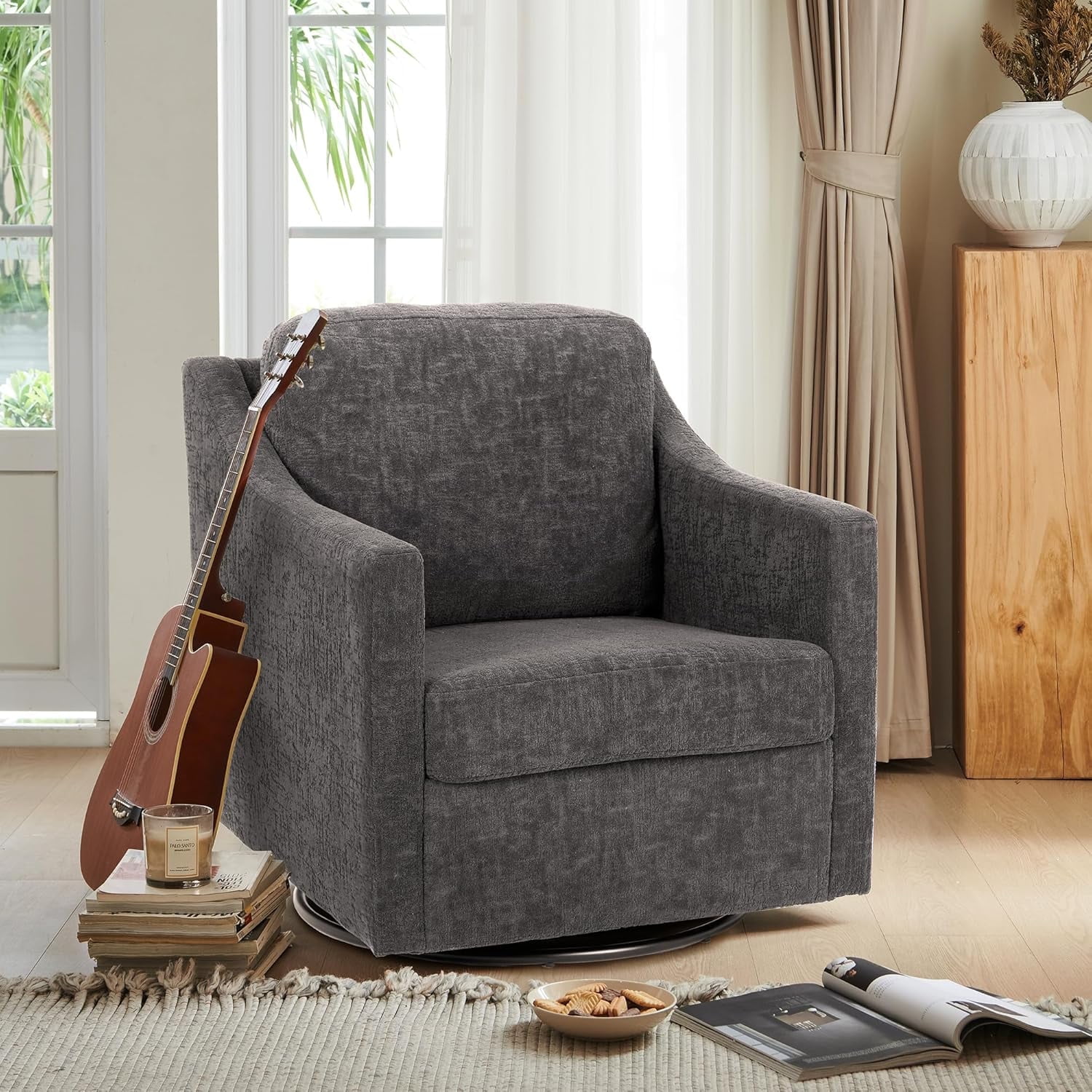 MALOL Upholstered Swivel Accent Chair，360° Rotation Swivel Sofa with ...
