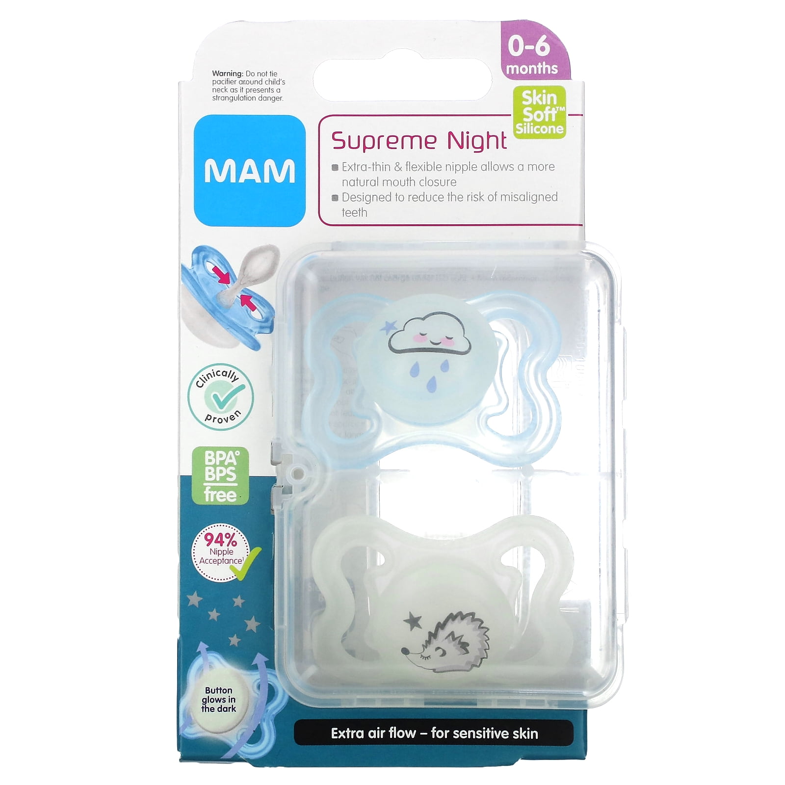 MAM Supreme Night Pacifier, 0-6 Months, Blue/Clear, 2 Count - Walmart.com