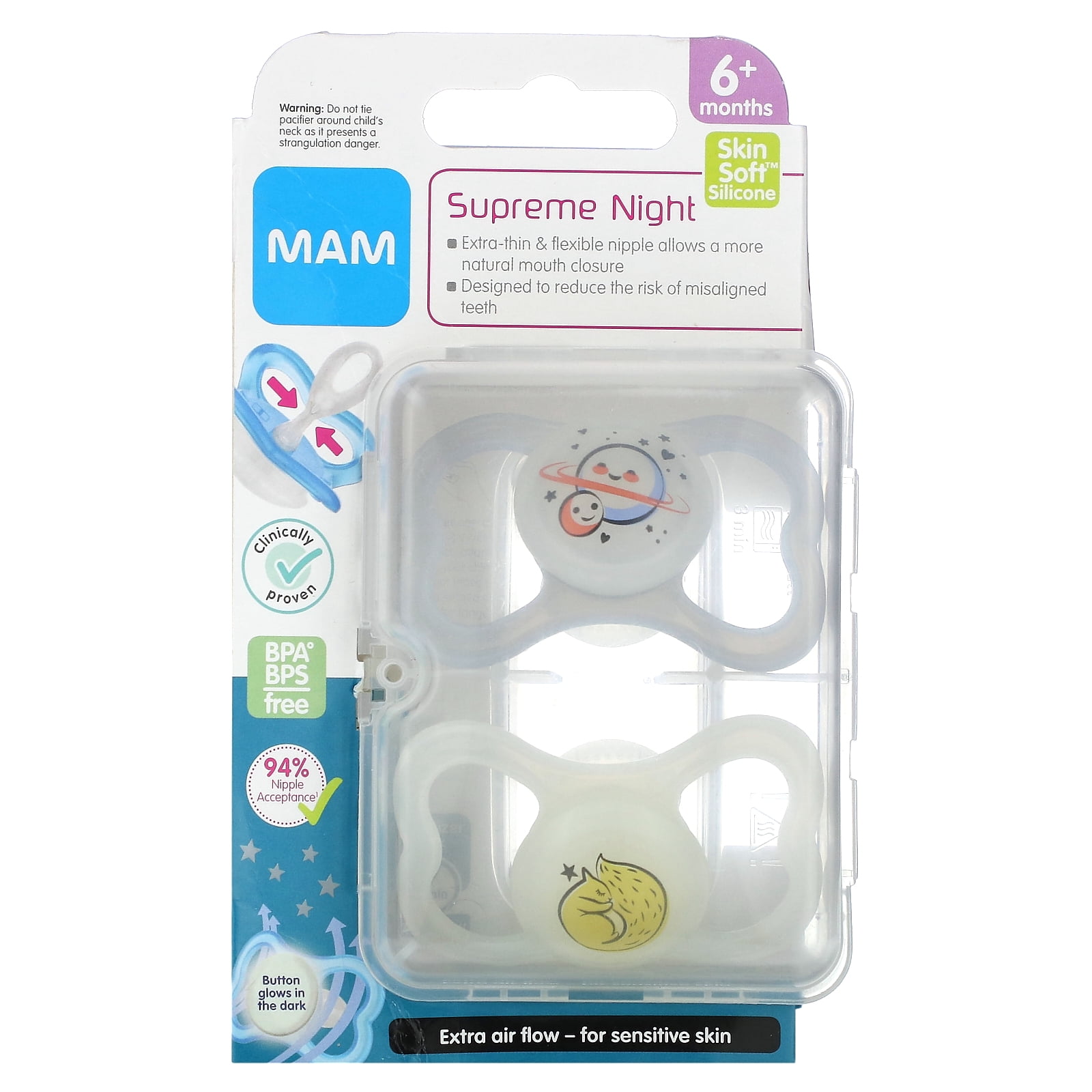 MAM Supreme Night Pacifier, 6+ Months, Clear, 2 Count - Walmart.com