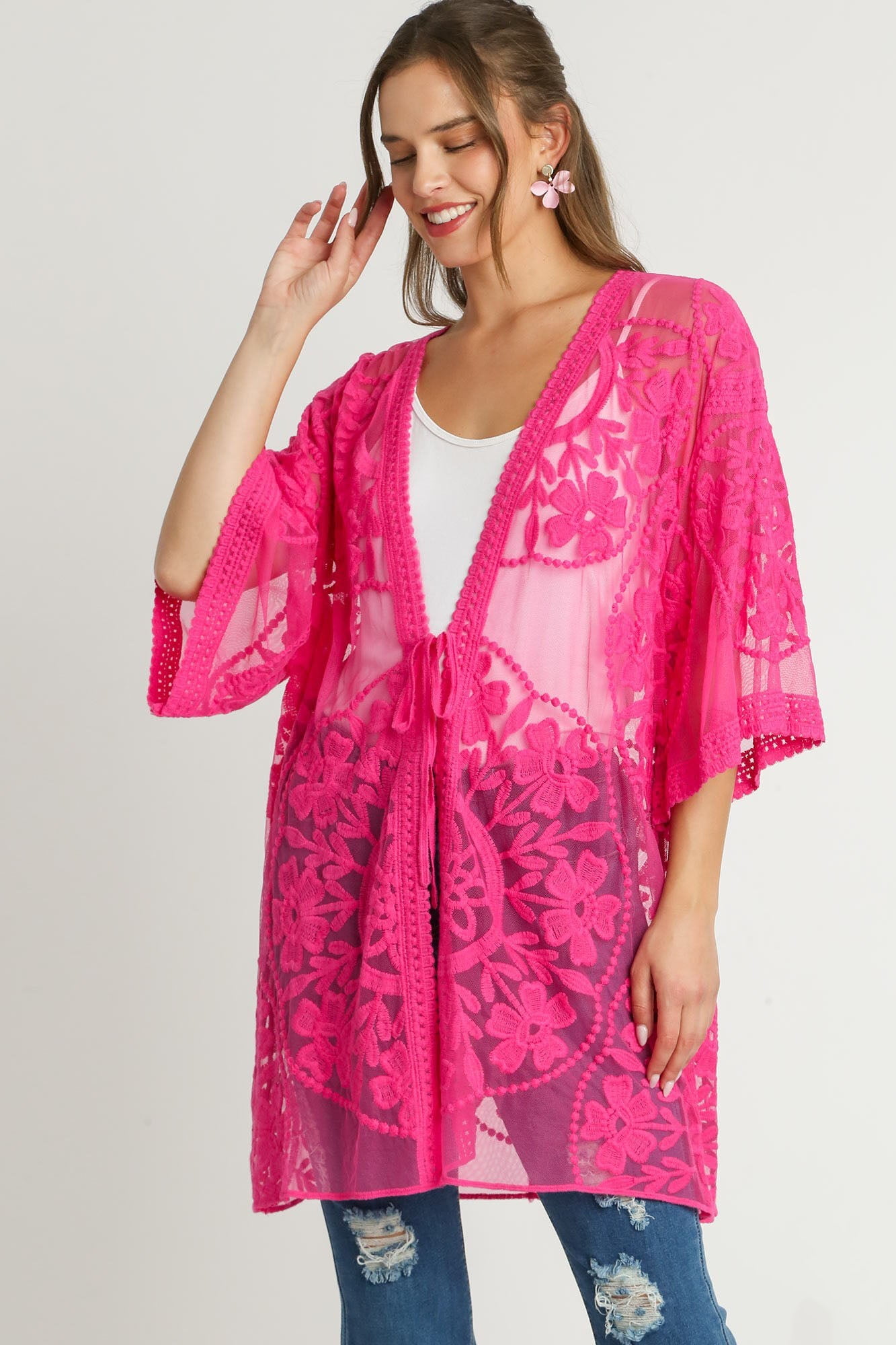 MAMA BEAUTY Full Size Floral Lace Open Front Kimono Sleevee Cover Up ...