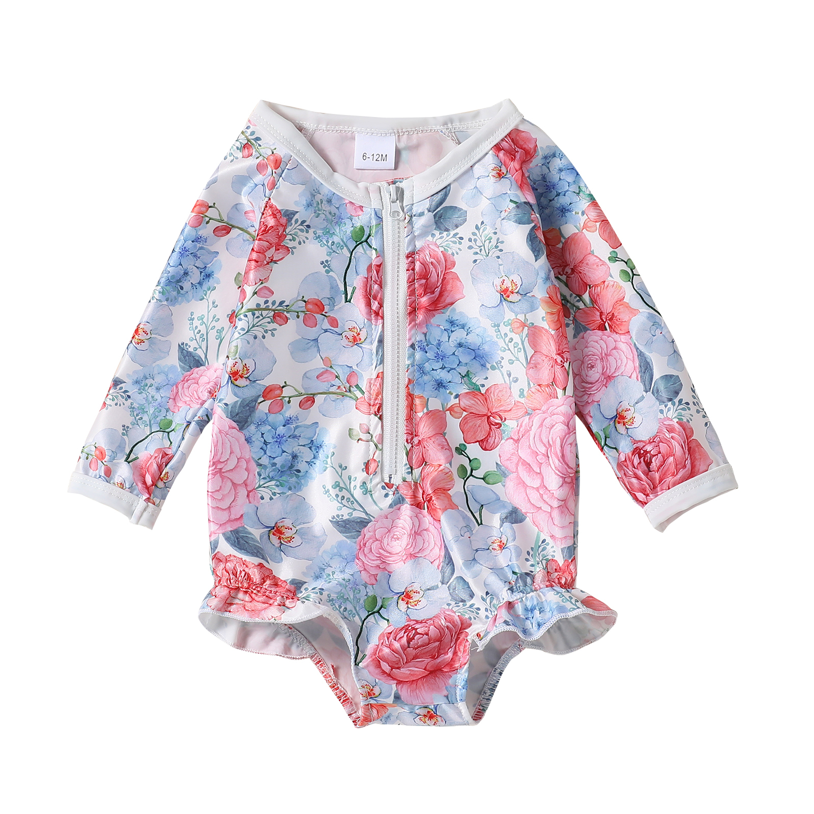 MAMAMI Baby Girl Swimsuit Long Sleeve Ruffled One Piece Floral Bathing ...