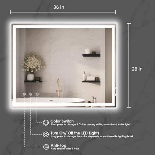 MAMIZO 36" x 28" Bathroom LED Mirror, Wall Mounted Vanity Mirror with ...