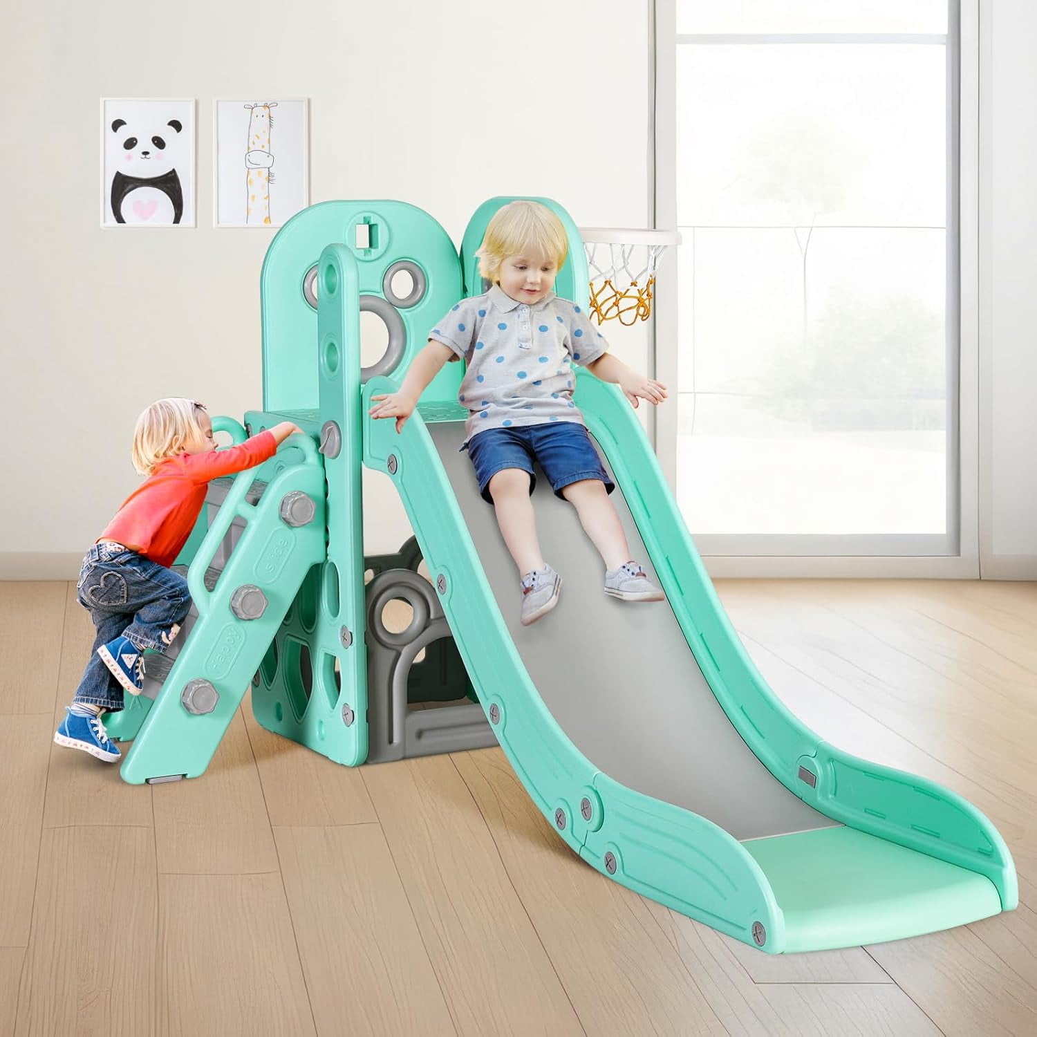MAMIZO 5 in 1 Toddlers Slide Set, Kids Slides w/Climber, Storage ...