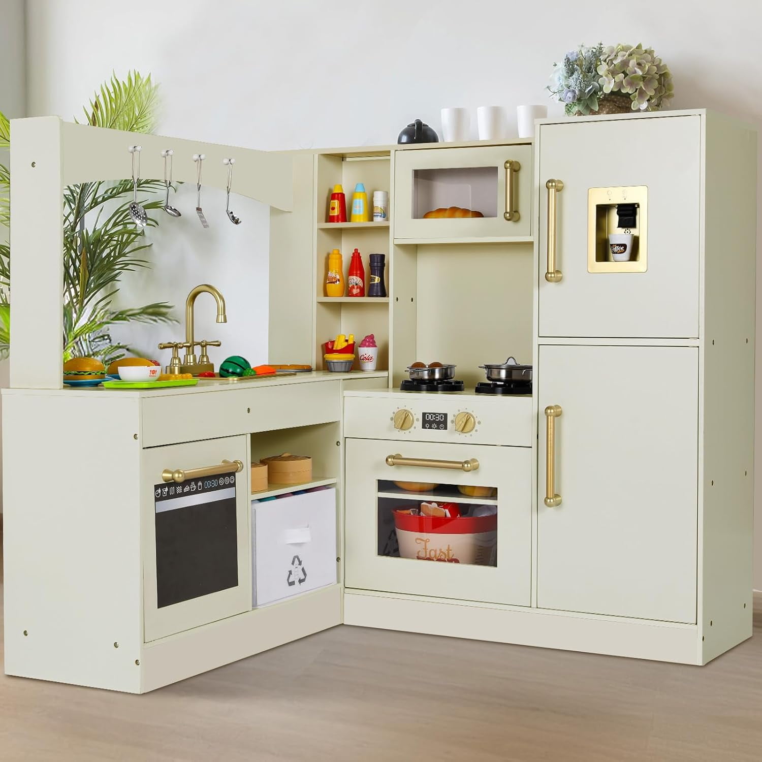 MAMIZO Corner Play Kitchen for Kids, Wooden Pretend Toy Kitchen, Large ...
