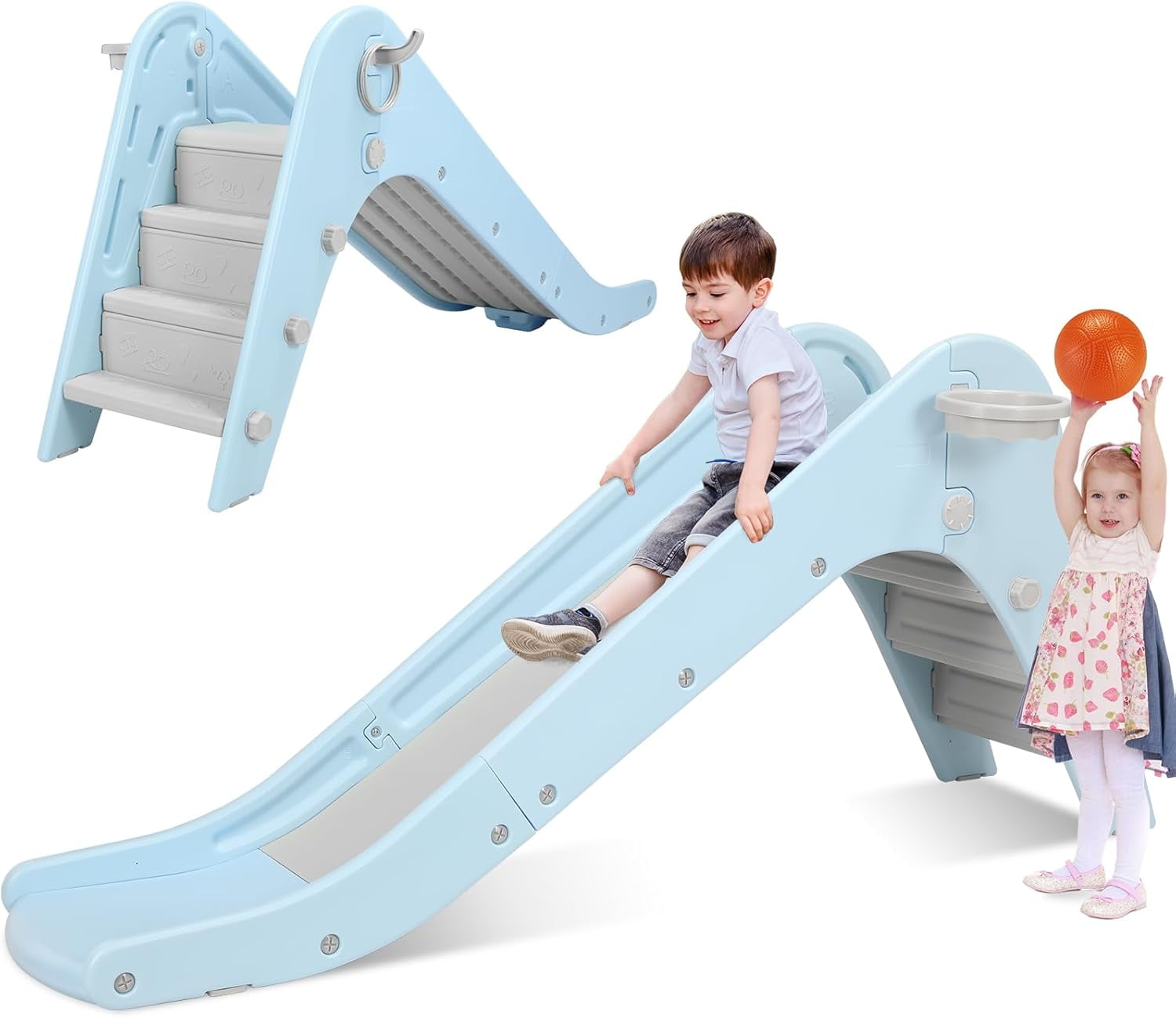 MAMIZO Freestanding Toddler Slide, Kid Slide Climbing w/Basketball Hoop ...