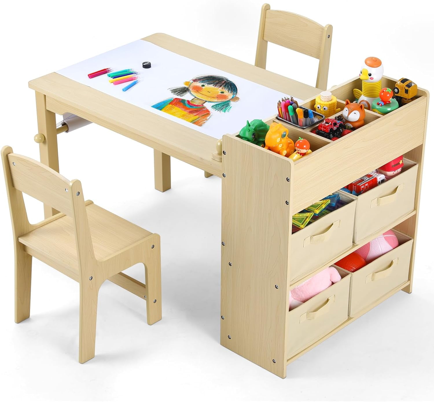 MAMIZO Kids Art Table and Chair Set, Wooden Toddler Craft Drawing Desk w/2 Chairs, Paper Roll ...