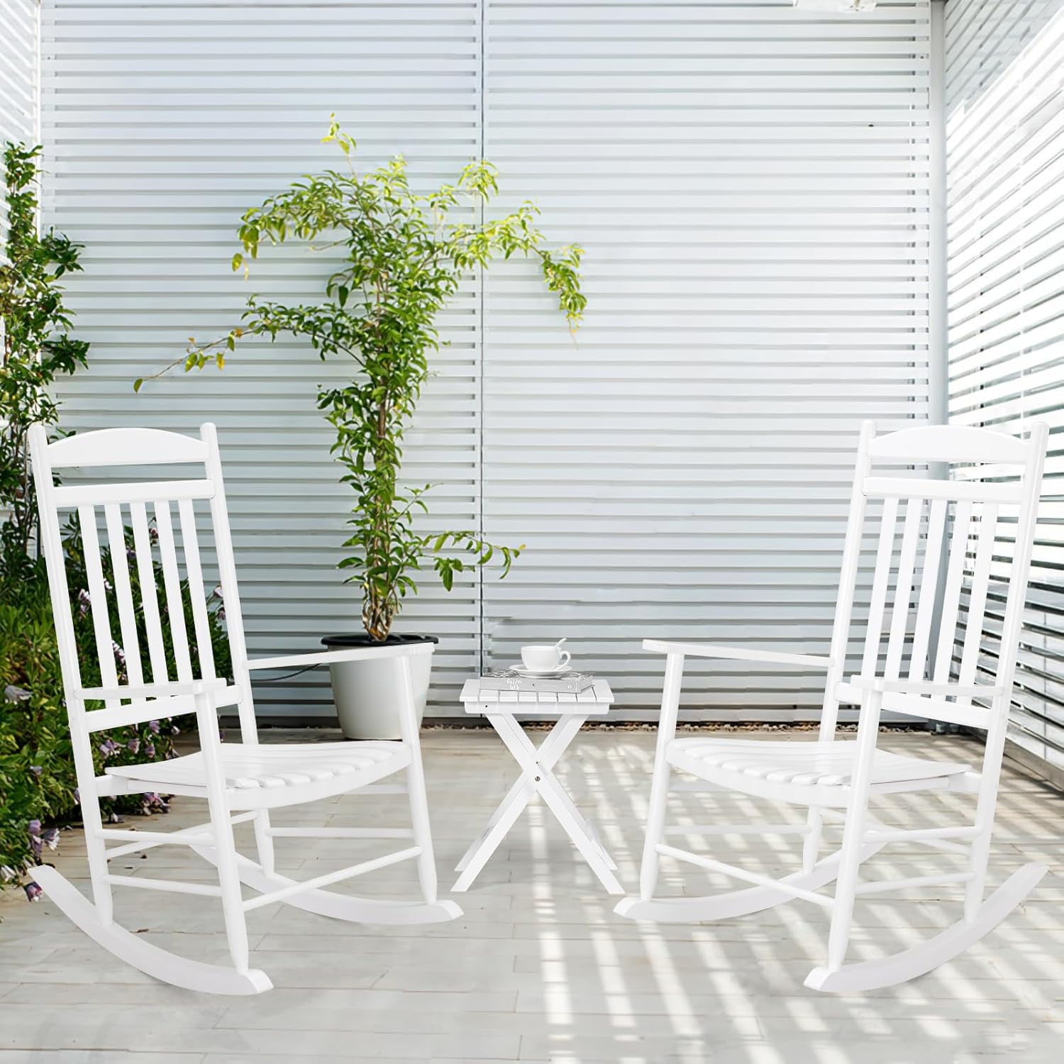 MAMIZO Soild Wood Outdoor Rocking Chair Set of 2, with High Back, Porch ...