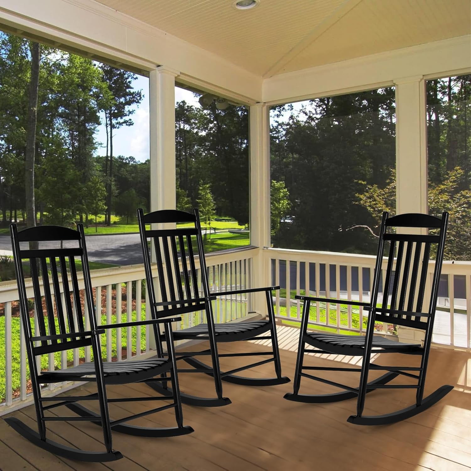 MAMIZO Soild Wood Outdoor Rocking Chair Set of 3, with High Back, Porch ...