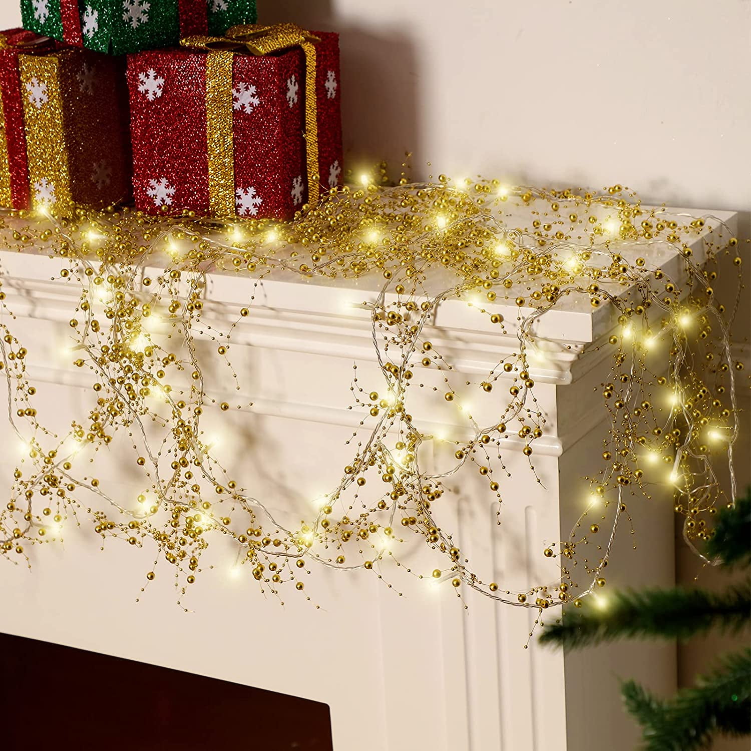 MAMOWEAR Christmas Lighted Berry Beaded Garland with Lights, Battery ...