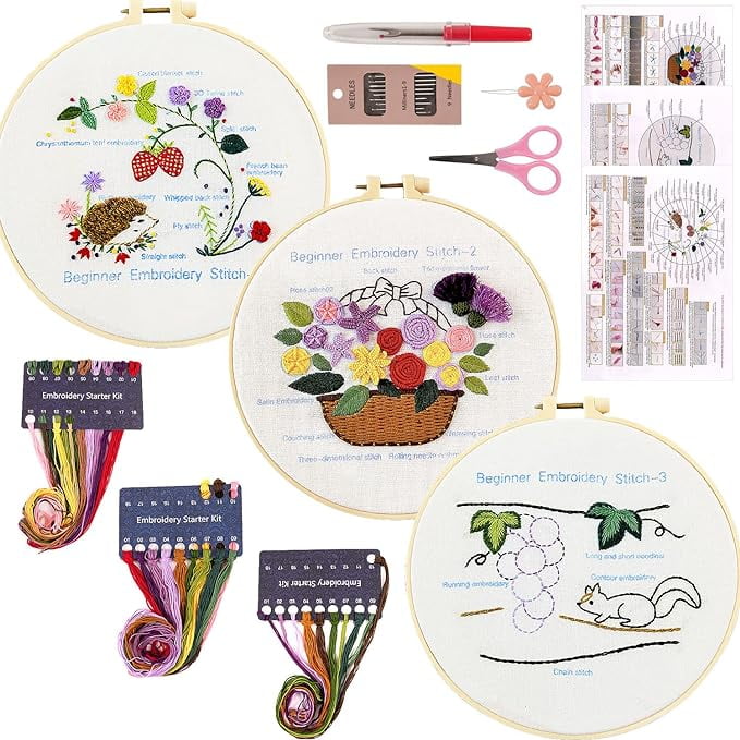 MAMUNU Embroidery Stitch Practice Kits, 3 Sets Animal Flower Stamped ...