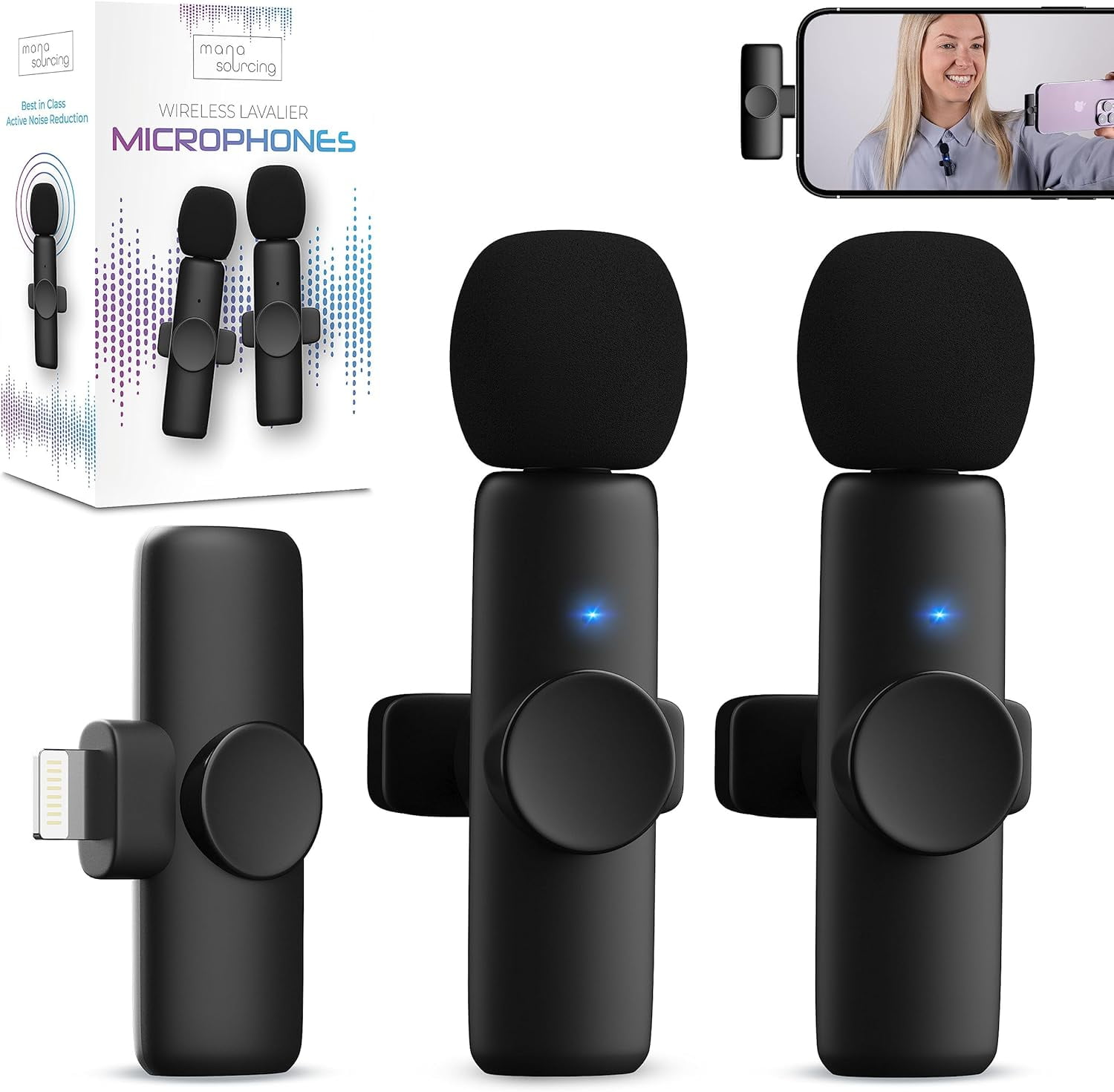 MANA Wireless Lavalier Microphone with Active Noise Reduction, Wireless ...