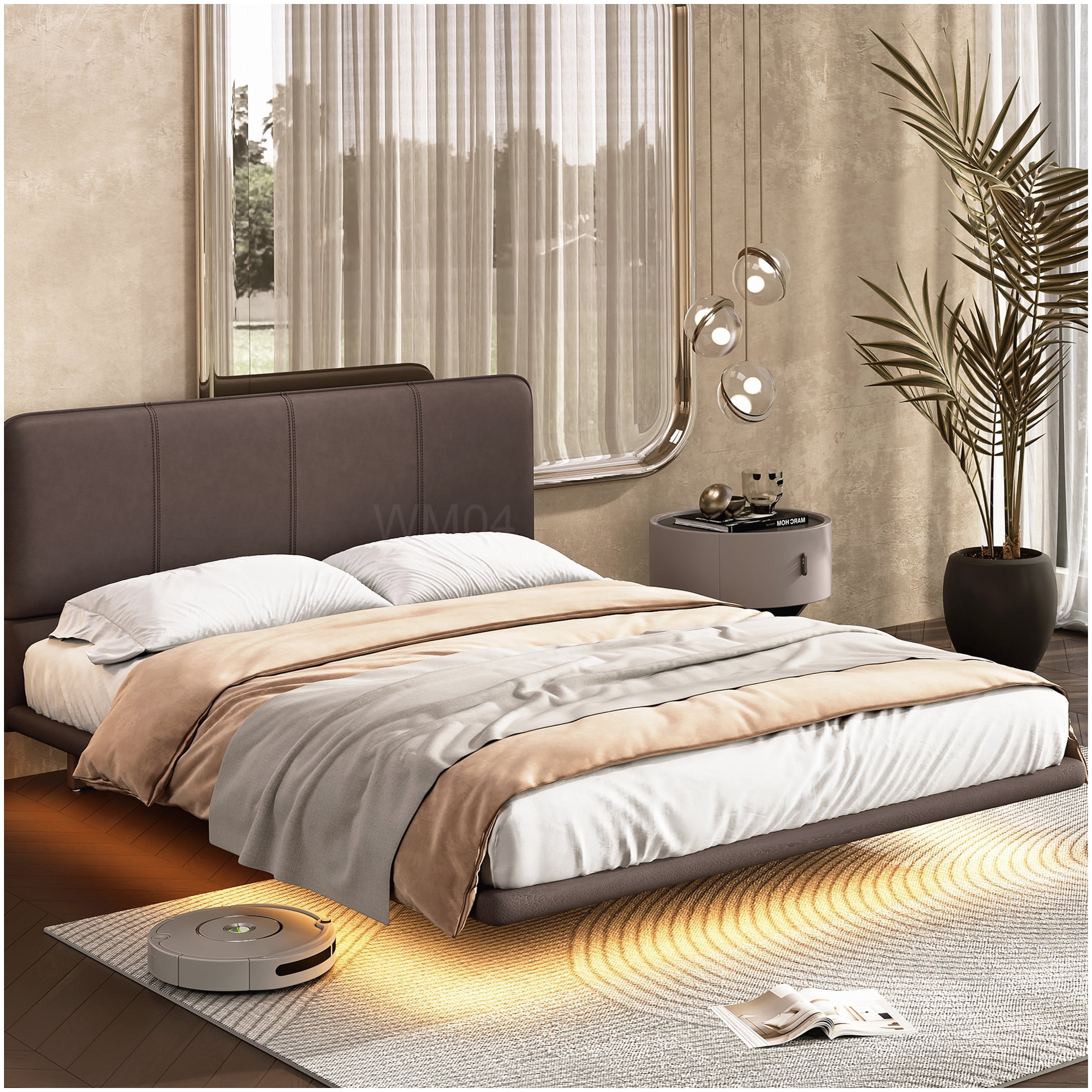 MANGIJOY Modern Queen Platform Bed with LED Lighting, Storage Space, No ...