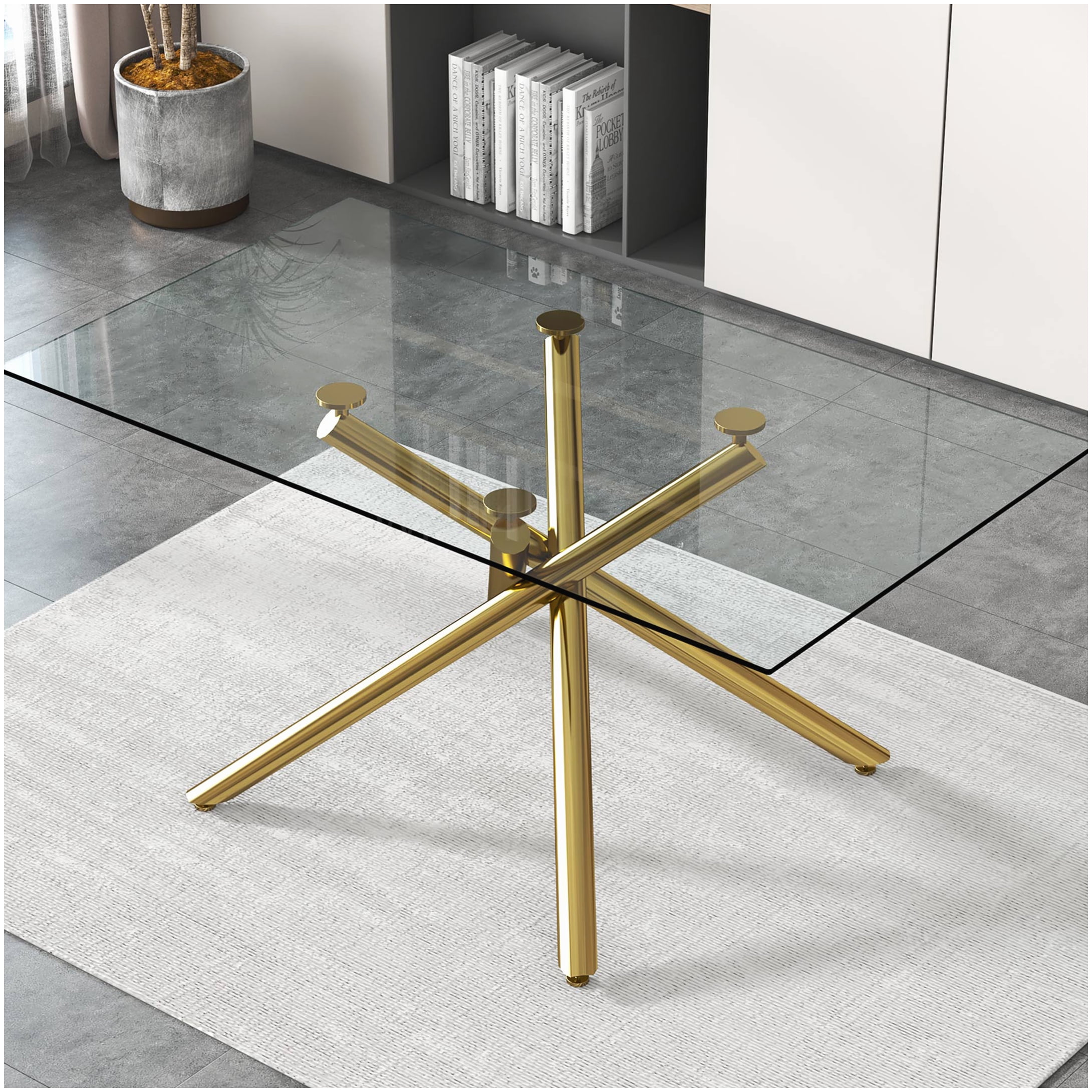 MANGIJOY Simple Design Golden Legs Rectangular Tempered Glass Dining ...