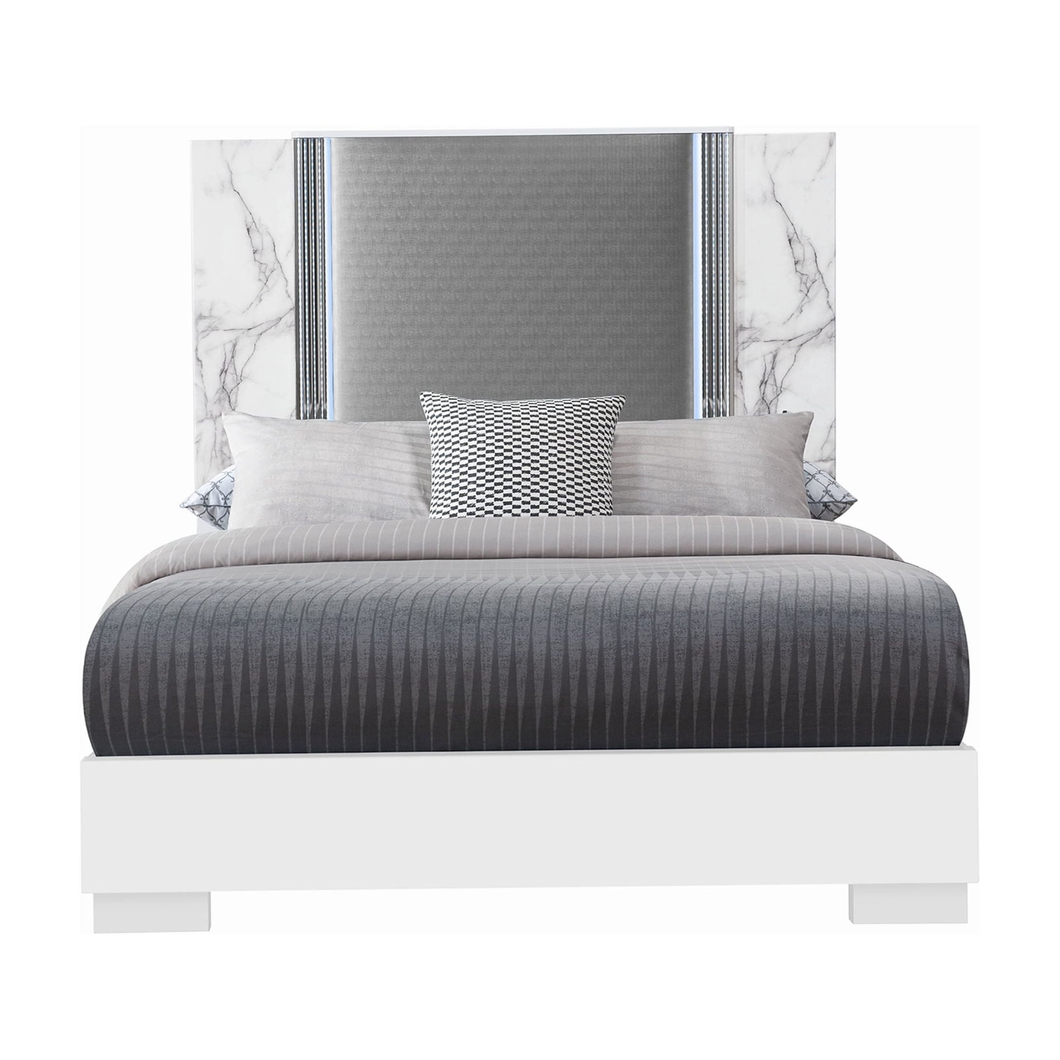 MANGIJOY White Marble Headboard Queen Bed Frame with LED Lighting, Wood ...