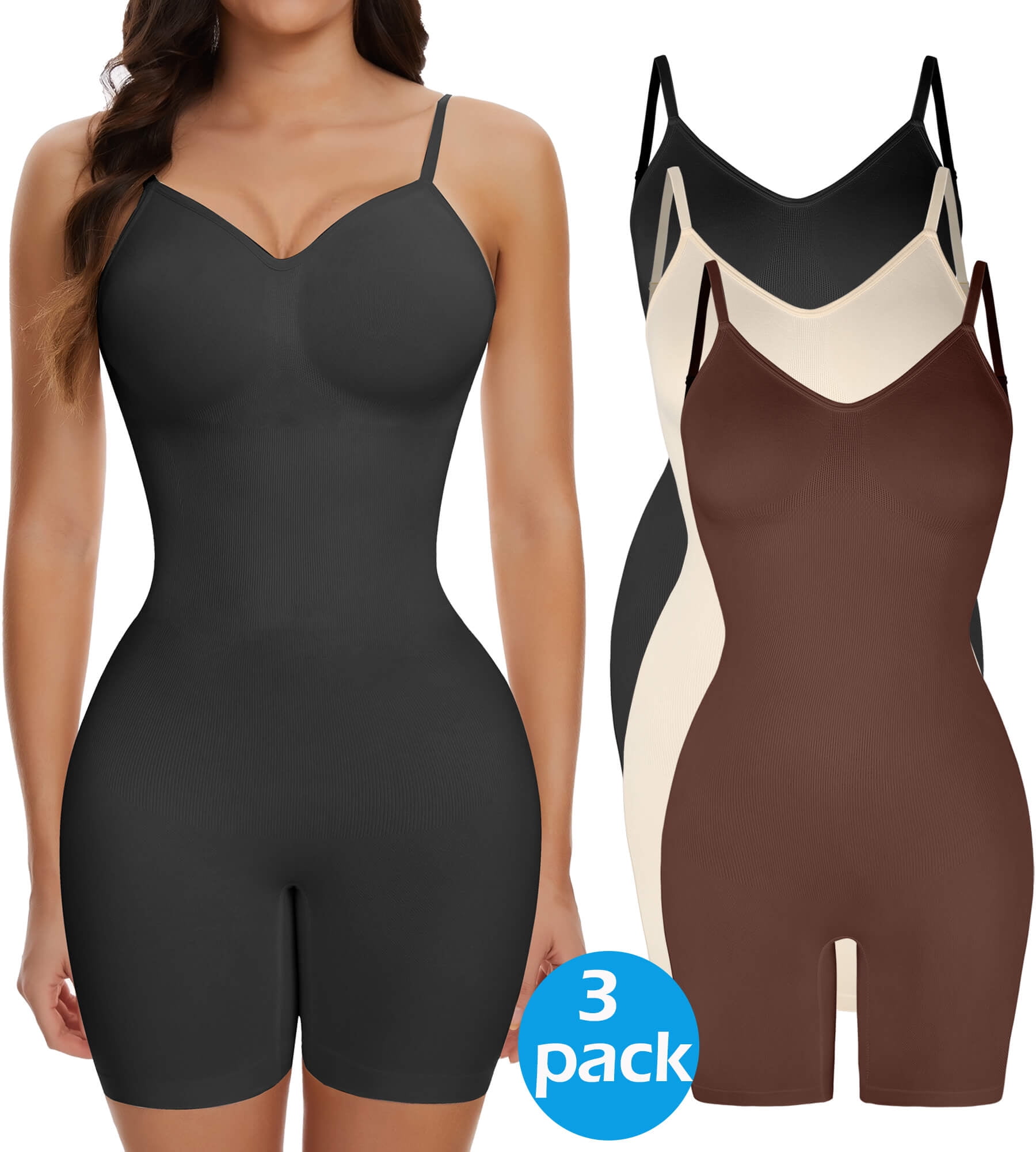 MANIFIQUE 3 Packs Low Back Mid Thigh Bodysuit Shapewear for Women Tummy Control Butt Lifter ...