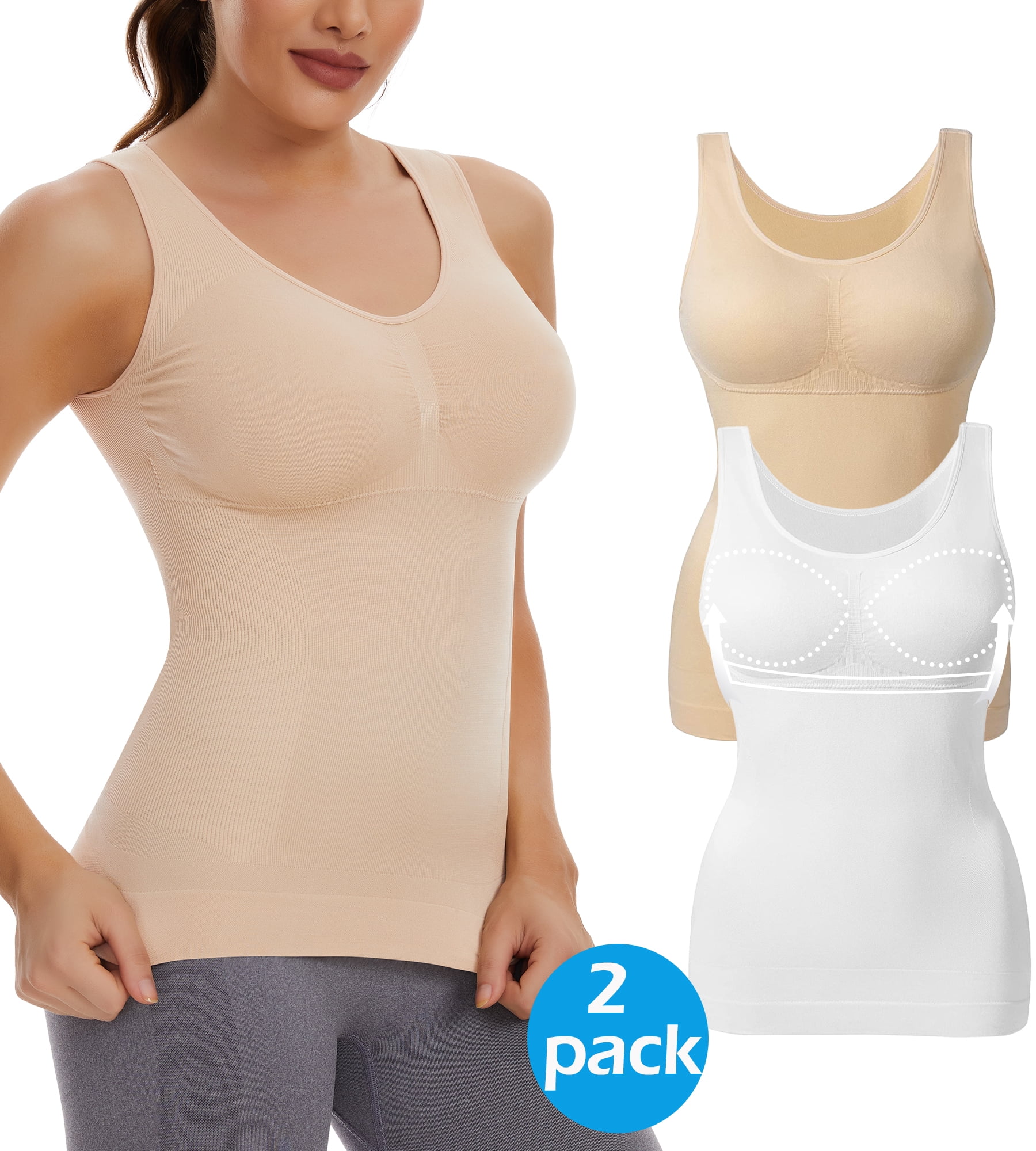 MANIFIQUE 2 Packs Shapewear Tank Tops with Built in Bra for Women Tummy Control Shaper Cami ...