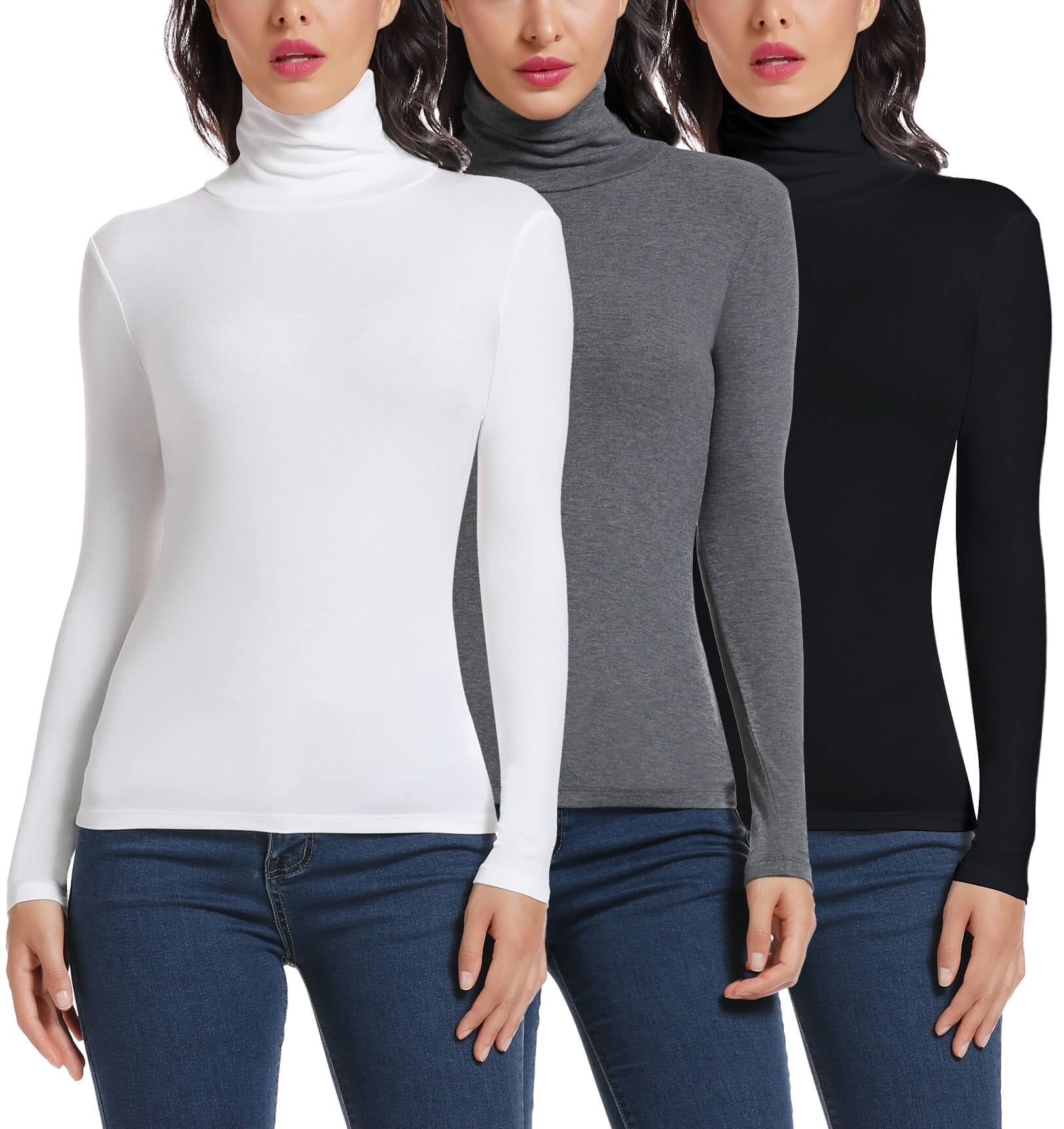 MANIFIQUE 3 Packs Womens Long Sleeve Mock Turtleneck Tops Slim Fit Base ...