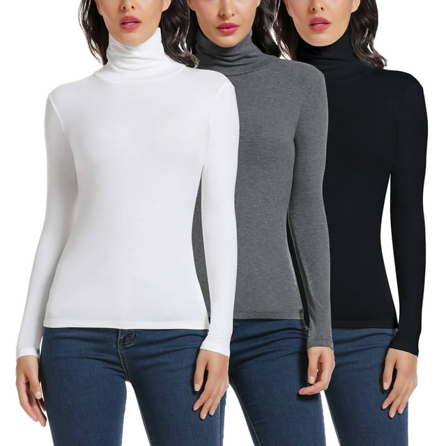 MANIFIQUE 3 Packs Womens Long Sleeve Mock Turtleneck Tops Slim Fit Base ...