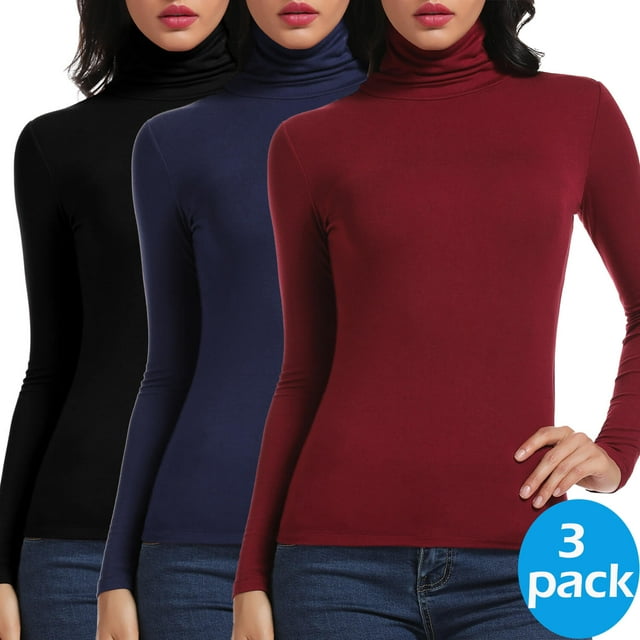 MANIFIQUE 3 Packs Womens Long Sleeve Mock Turtleneck Tops Slim Fit Base ...