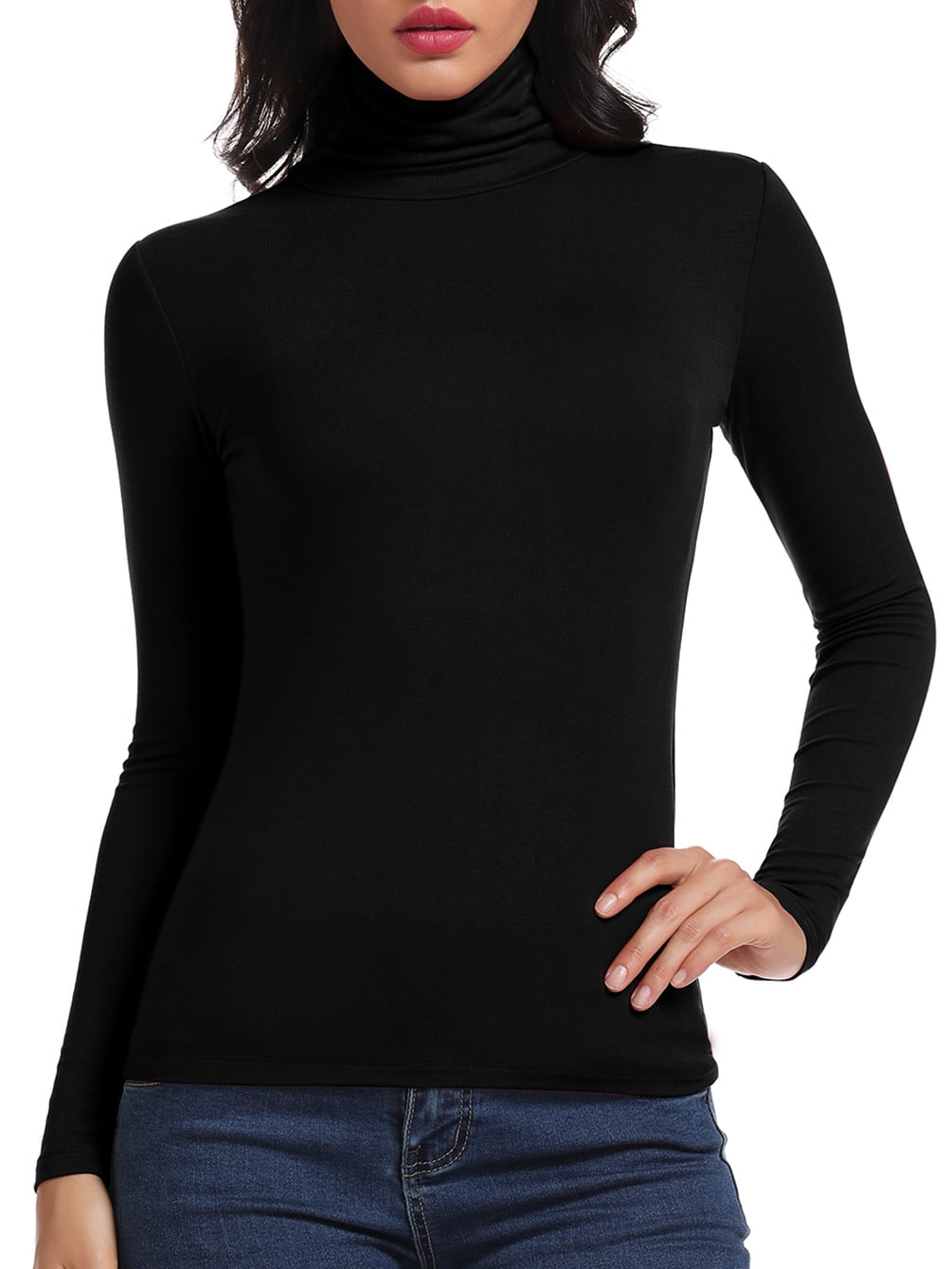 MANIFIQUE Women's Black Turtleneck Long Sleeve Slim Fitted Tops ...