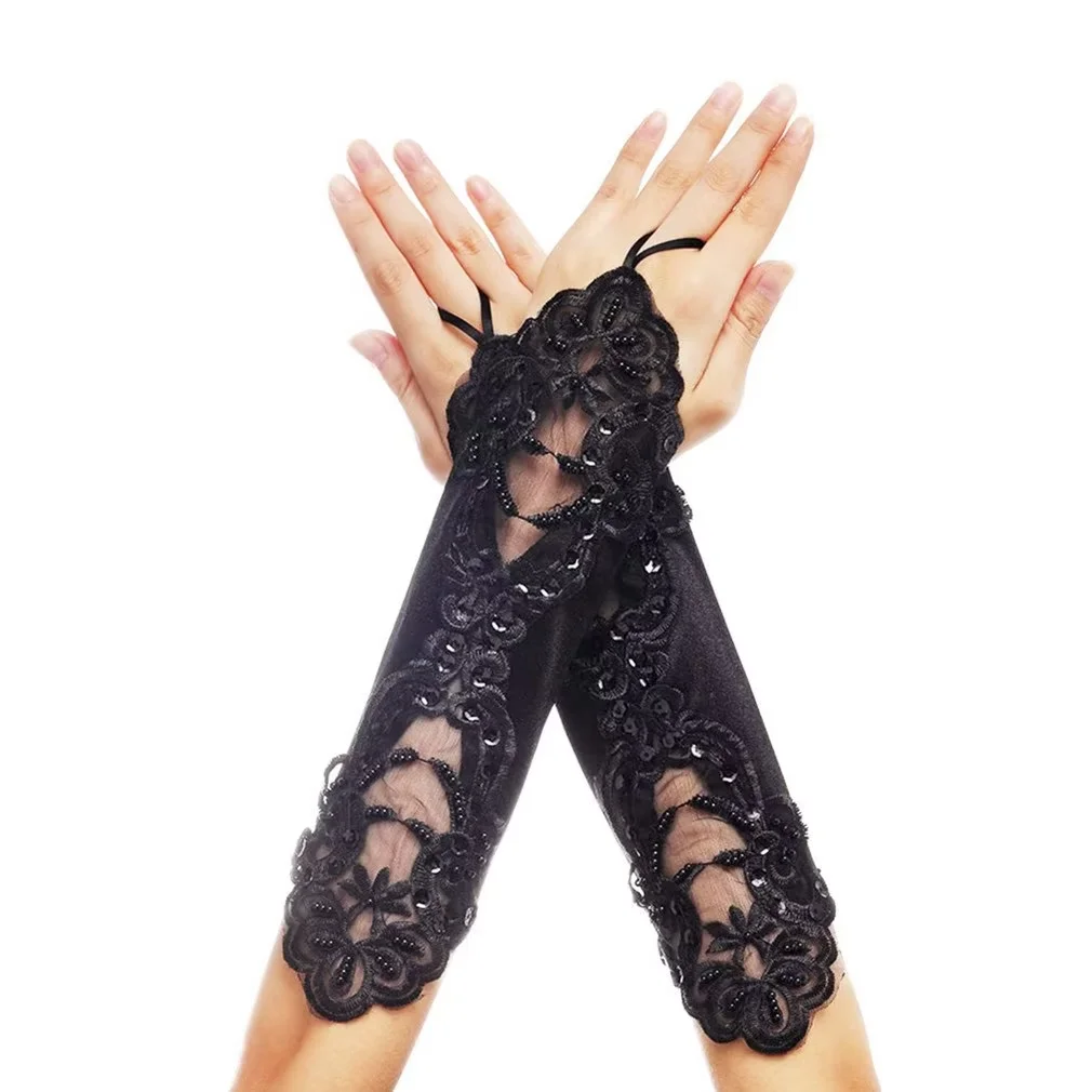 MANJIAMEI Lace Satin Sequins Bridal Fingerless Gloves, Elegant Women ...