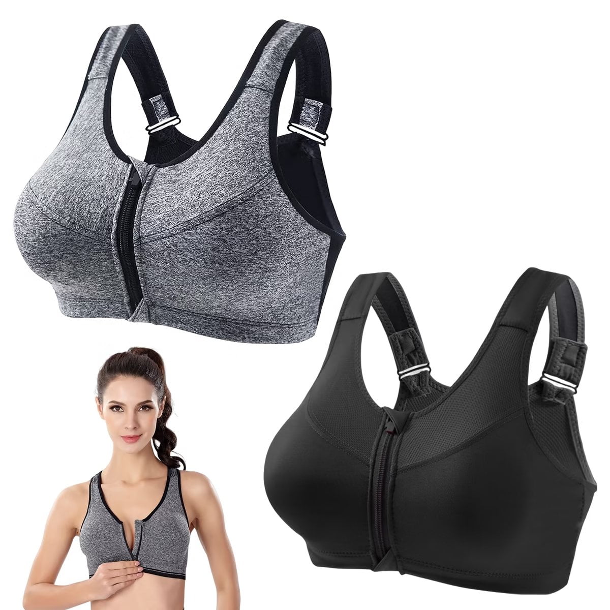 MANJIAMEI Zip Front Sports Bras, High Impact, Racerback, Wireless, Post ...
