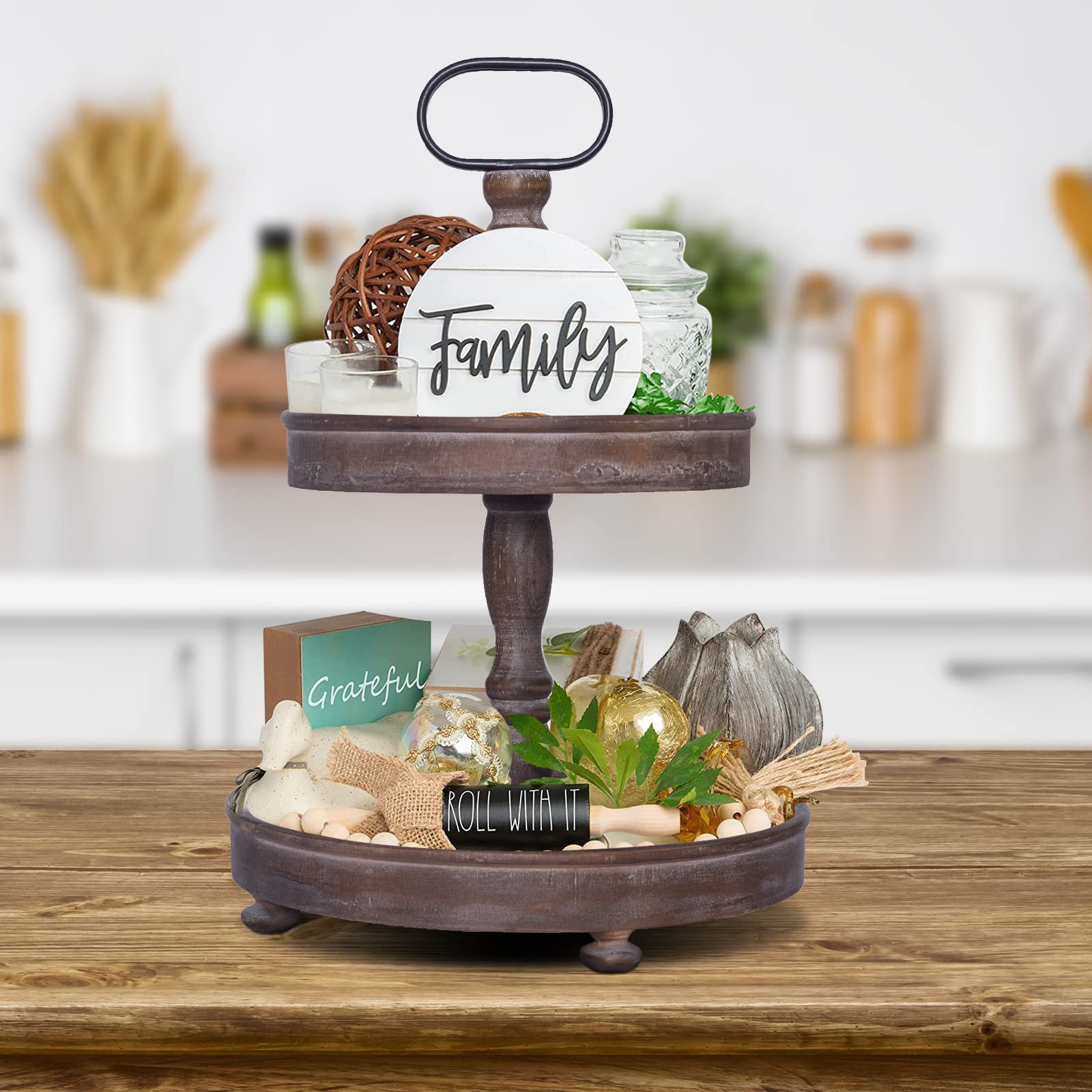 Hanobe Farmhouse Tiered Tray Decor Wood 2 Tier Stand Two Decorative ...