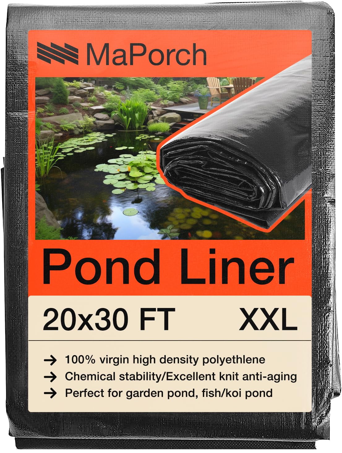 MAPORCH Pond Liner 20 x 30 FT Waterproof 100% HDPE Reinforced ...