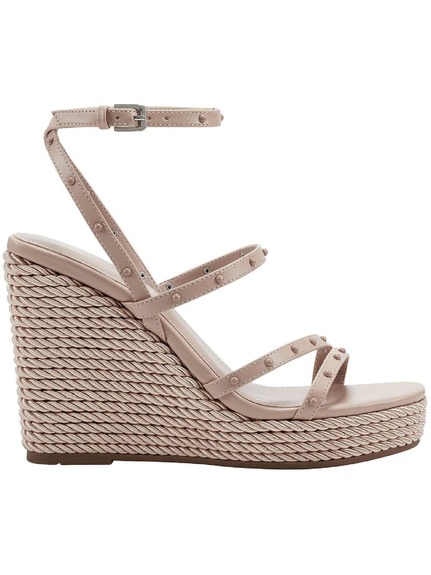 MARC FISHER Womens Beige Strappy Studded Zig Square Toe Wedge Buckle ...