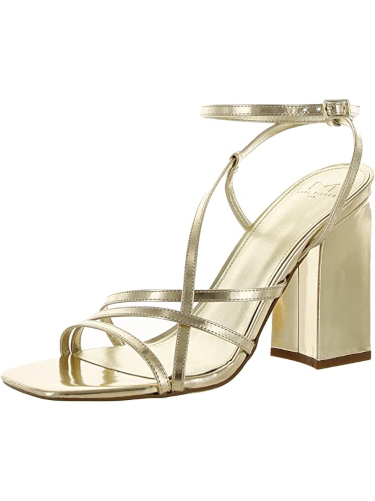 MARC FISHER Womens Gold Padded Ankle Strap Edalyn Square Toe Block Heel ...