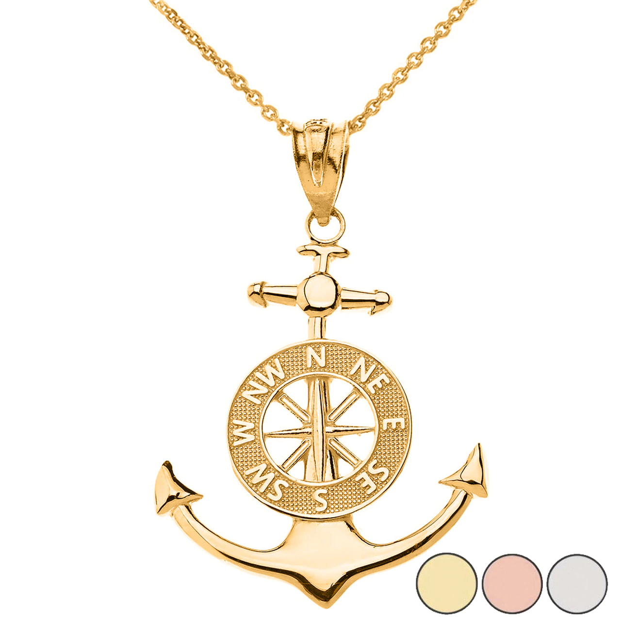 MARINER'S ANCHOR COMPASS CHARM PENDANT NECKLACE IN SOLID GOLD (YELLOW ...