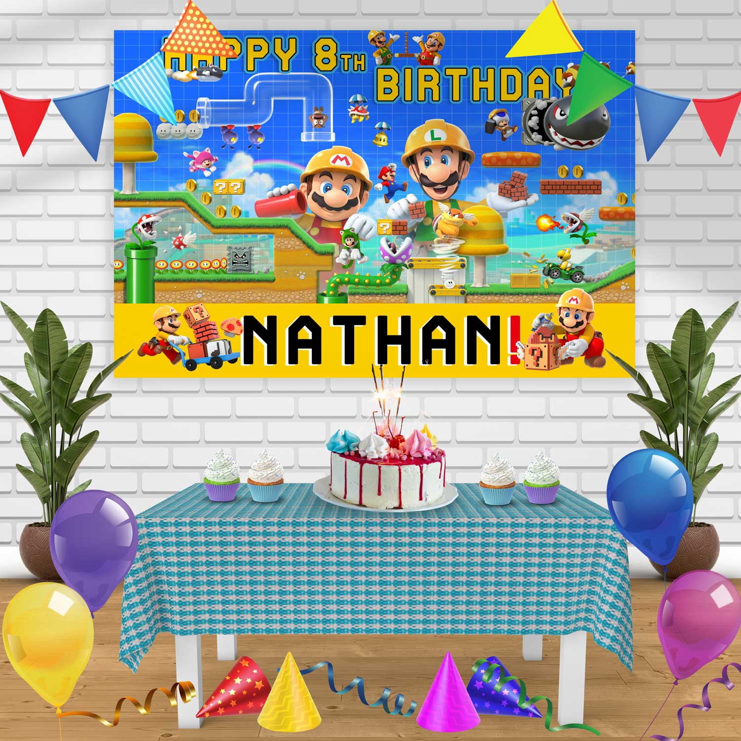 MARIO MAKER Birthday Banner Personalized Party Backdrop Decoration 60 x ...
