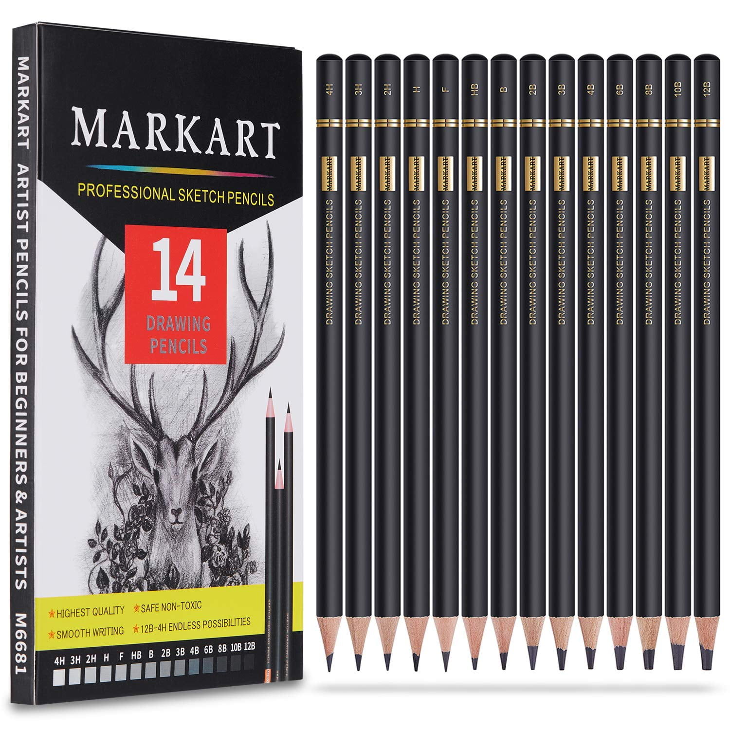 MARKART Professional Drawing Sketching Pencil Set AIS1 - 14 Pieces,Graphite,(12B - 4H), Ideal ...