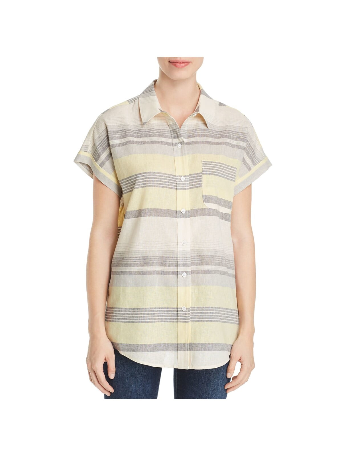 MARLED ESSENTIALS Womens Yellow Striped Short Sleeve Collared Button Up ...