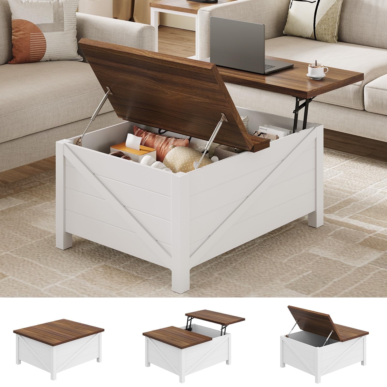MARNUR Lift Top Coffee Table with Storage, 3-in-1 Multi-Function ...