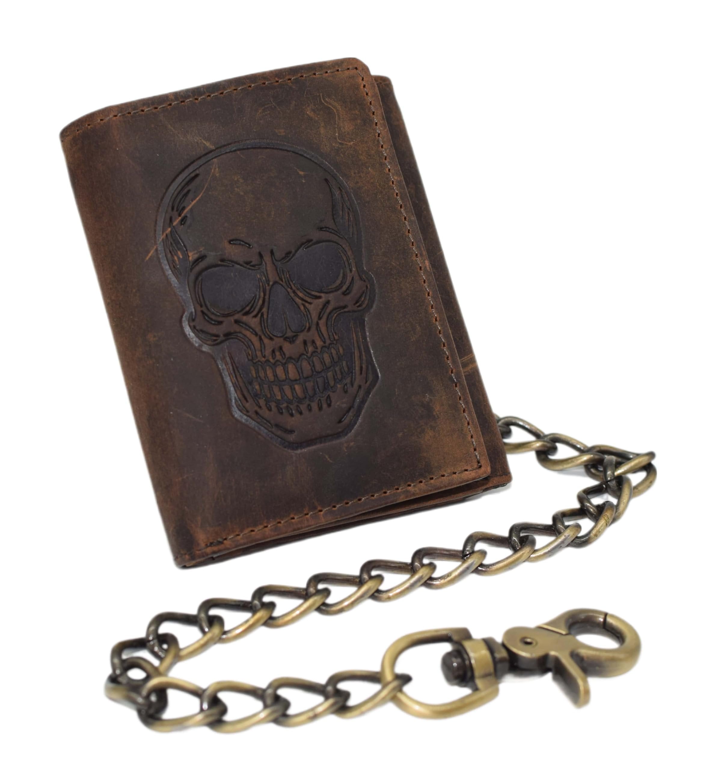 MARSHAL Mens RFID Blocking Trifold Biker Chain Wallet Vintage Genuine Leather Skull Design ...